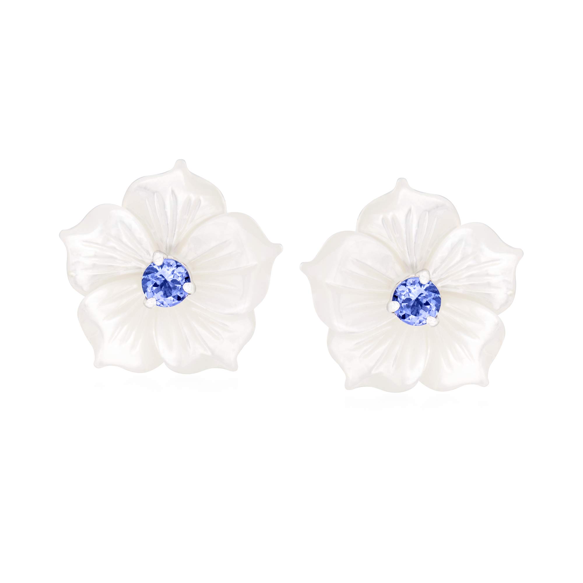 Ross-Simons Mother-Of-Pearl and .50 ct. t.w. Tanzanite Flower Stud Earrings in Sterling Silver