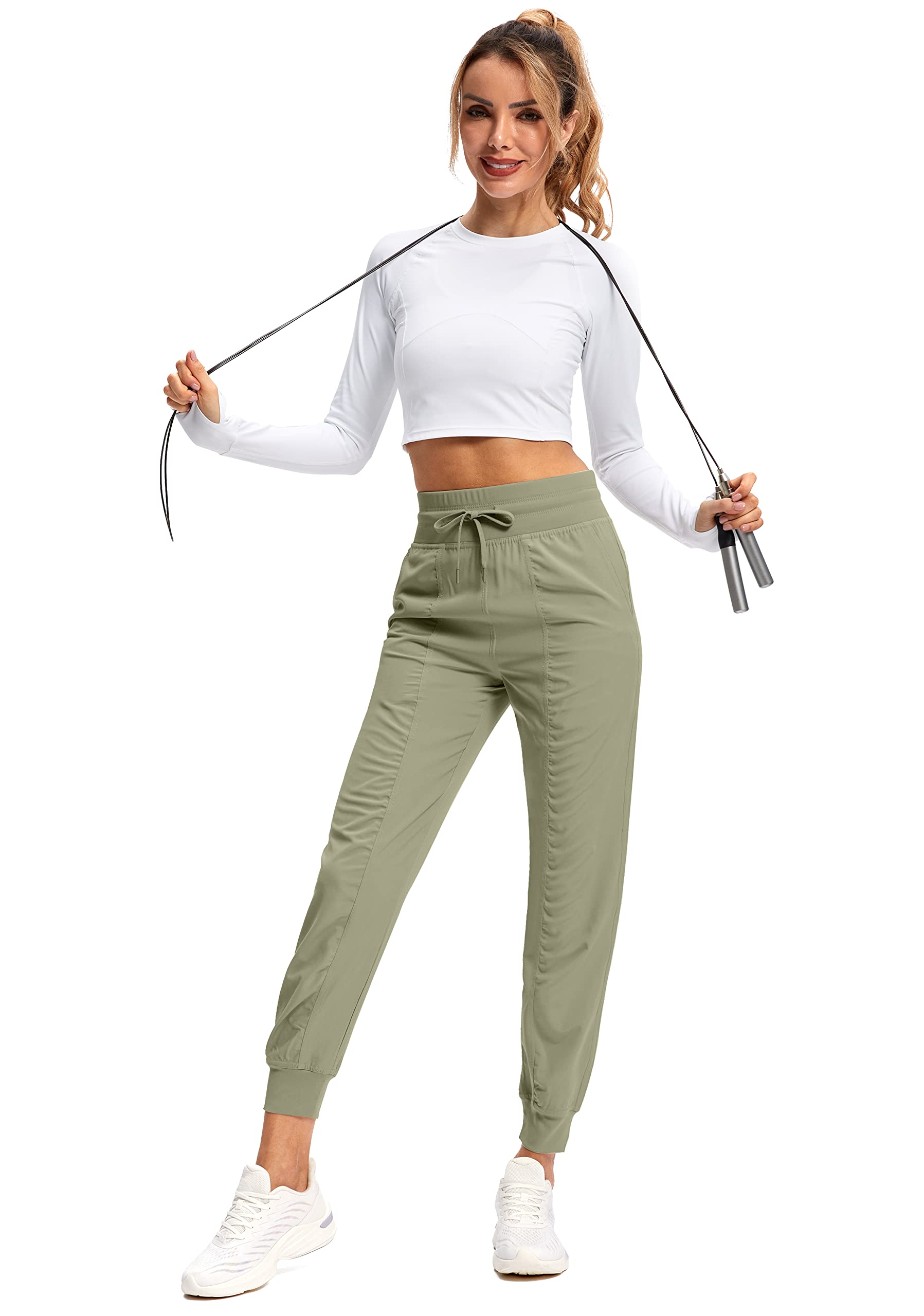 SANTINY Women's Lightweight Joggers High Waisted Running Hiking Track Pants Workout Athletic Jogger for Women Zipper Pockets (Grey Sage_S)
