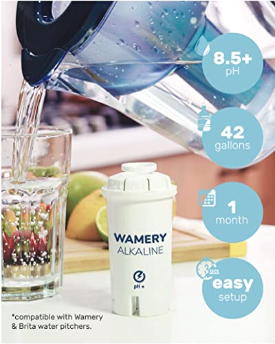 WAMERY Certified Alkaline Water Filter Replacement Fits Brita and Wamery Pitcher Cartridges 3-Pack, Increases Water pH.
