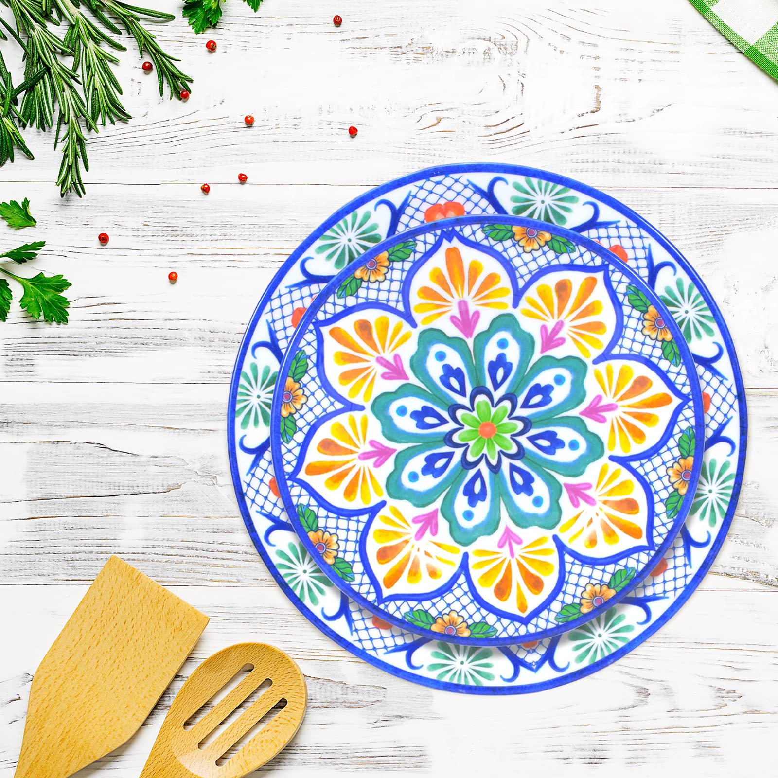 Melamine Dinnerware sets: Bisphenol A-free,Dishwasher Safe dinnerware sets,Non-breakable melamine plates,Service for 4 (12pcs) plates and bowls sets Ideal for indoors and outdoors Picnic, Camping.