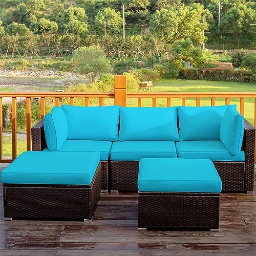 LIUJUN 5PCS Patio Rattan Furniture Set Sectional Conversation Set Ottoman Turquoise