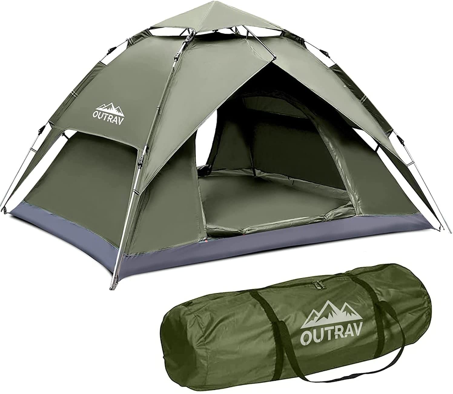 Outrav Easy Automatic Pop-Up Camping Tents for 3-4 People – Lightweight Quick Setup Instant Pop Open Cabin with Two Way Zipper, Lamp Hook, Net Curtain, Stakes, Rope, Carrying Bag