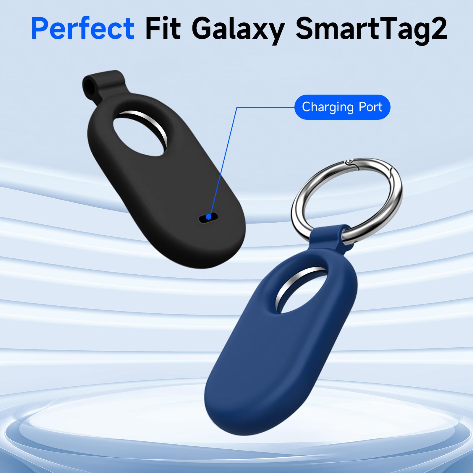 LDSXAY Compatible with Samsung Galaxy SmartTag2 Case, 4 Pack Scratch Resistant Silicone Protective Skin Cover for Galaxy SmartTag2 Case with Key Ring, Soft Touch (Black+Blue)
