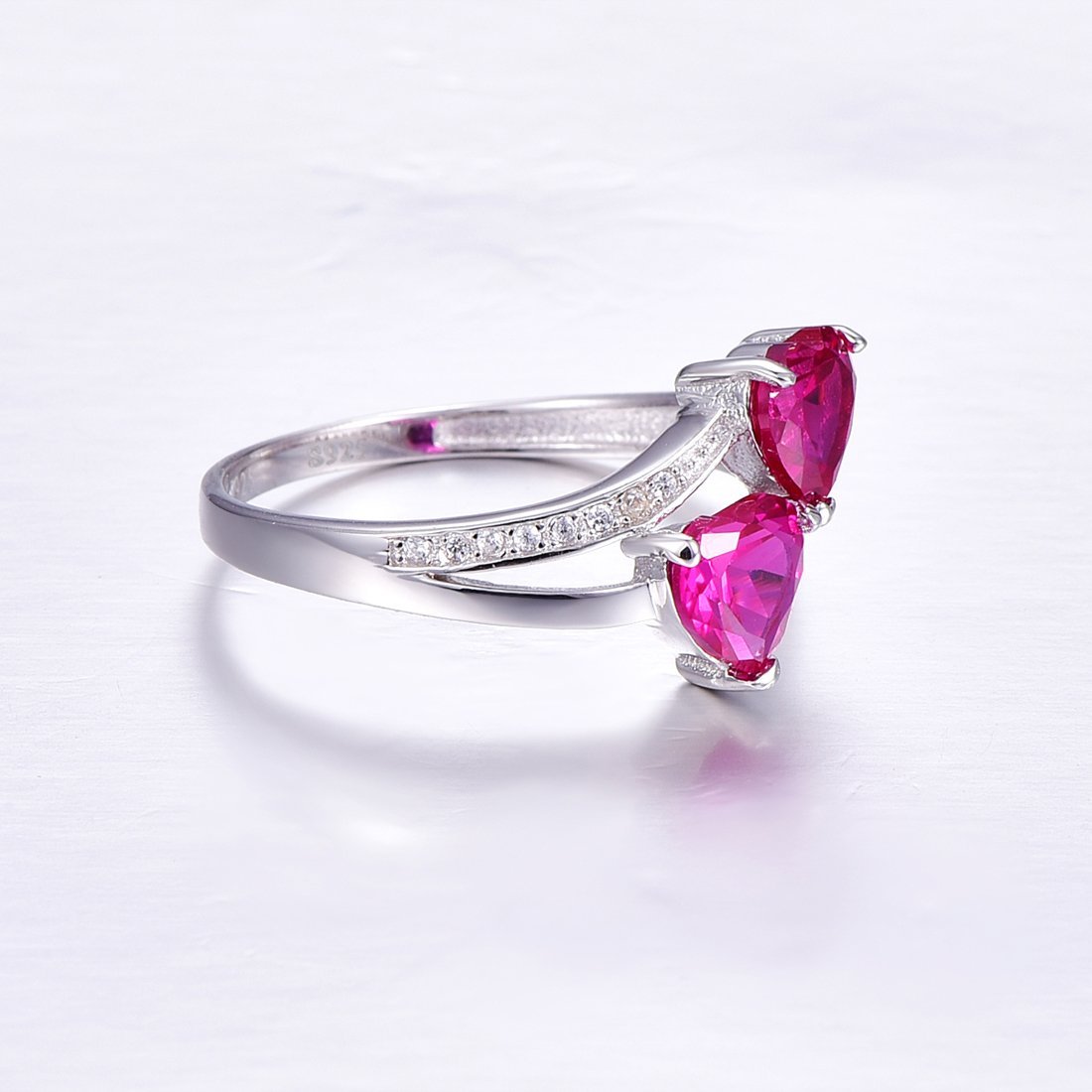 Merthus 6x6mm Heart Shape Simulated Ruby 925 Sterling Silver Double Heart Promise Ring for Women Size 8