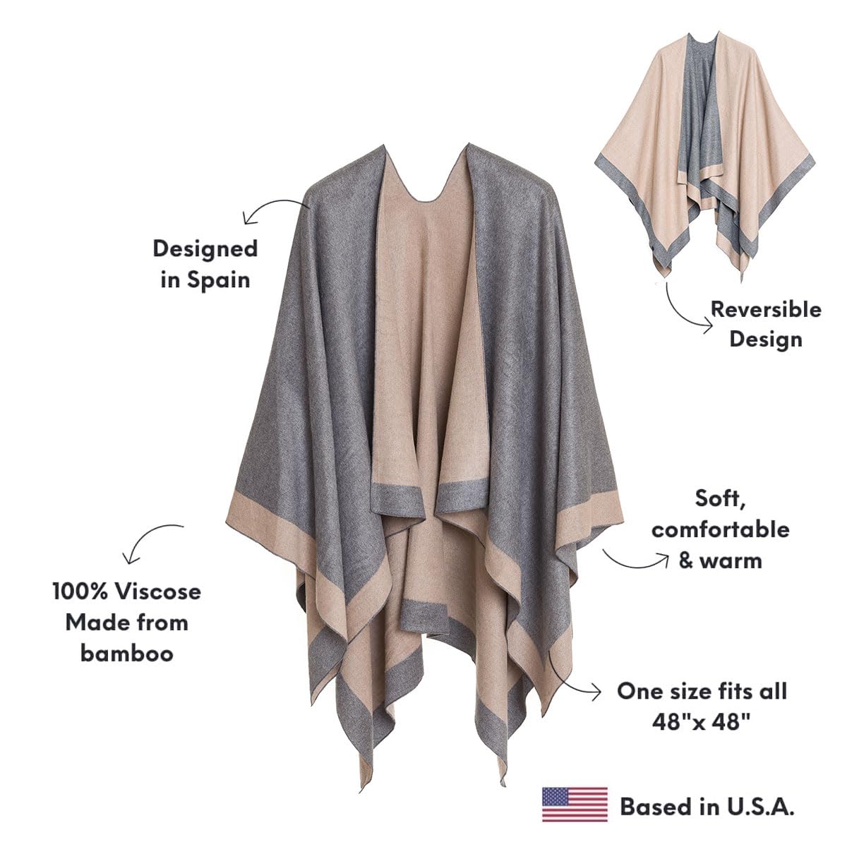 MELIFLUOS DESIGNED IN SPAIN Women's Shawl Wrap Poncho for Cape Ruana for Travel Plane Blanket, Reversible Open Front Design (PC01-4L)