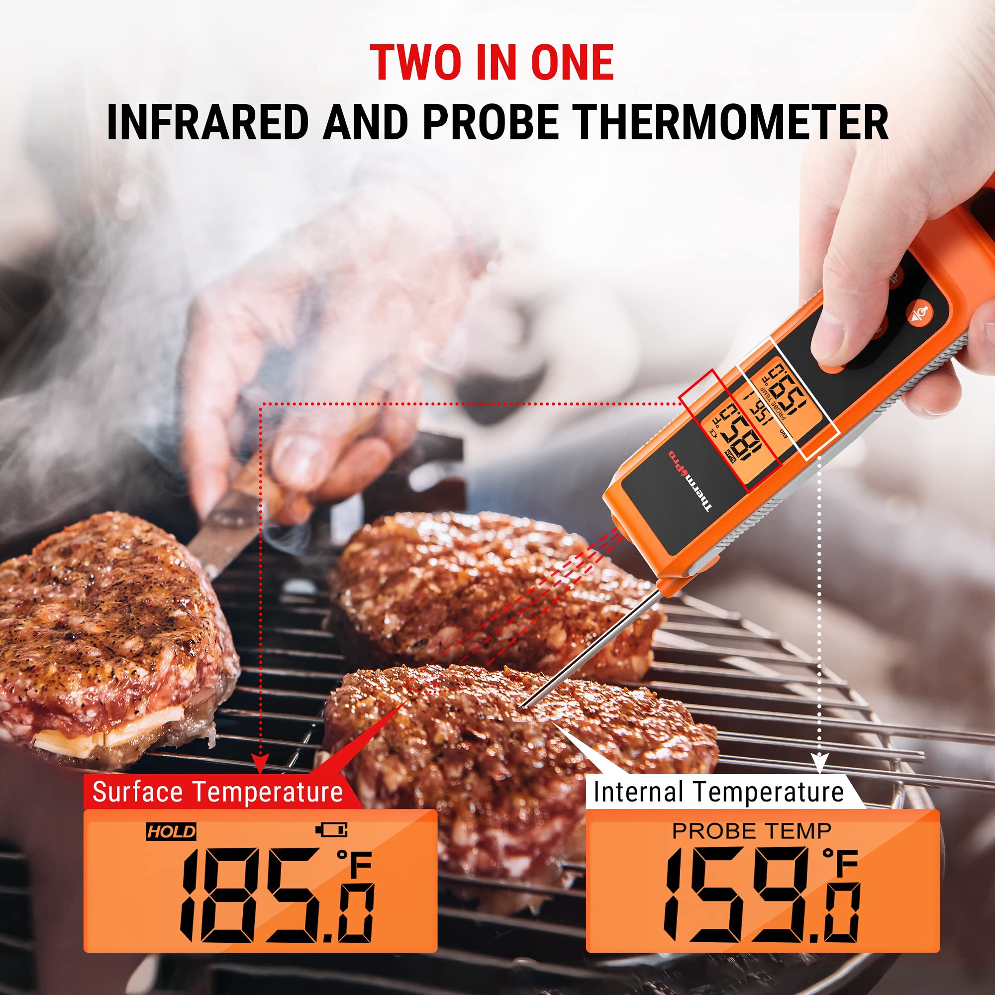 ThermoPro TP-16 Large LCD Digital Cooking Food Meat Smoker Oven Kitche+ ThermoPro TP420 Two-in-One Infrared Thermometer with Meat Probe, Instant Read Digital Meat Thermometer for Cooking