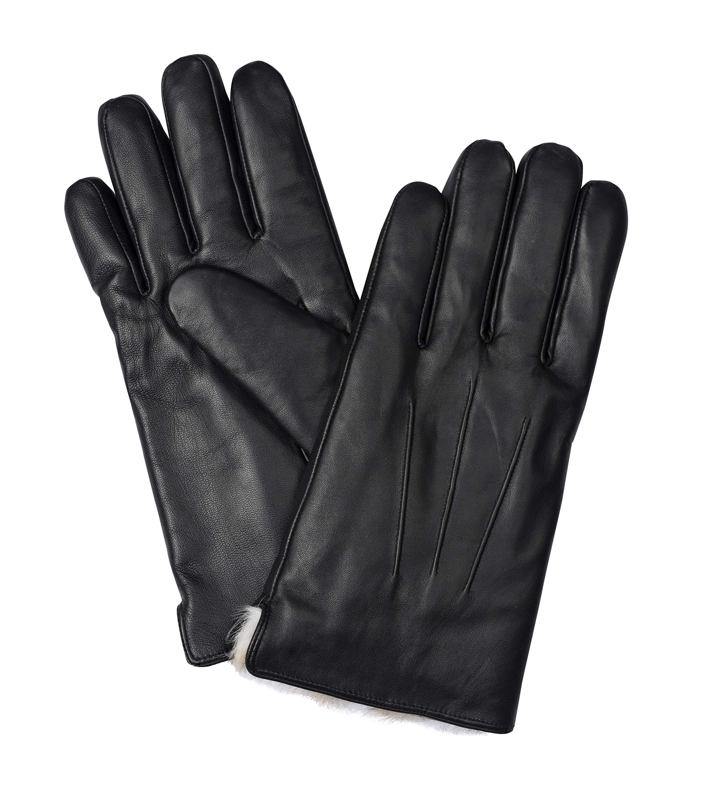 MESSERIO Authentic Sheepskin Leather Winter Gloves for Men with Rabbit Fur Lining + Gift Box (Large)