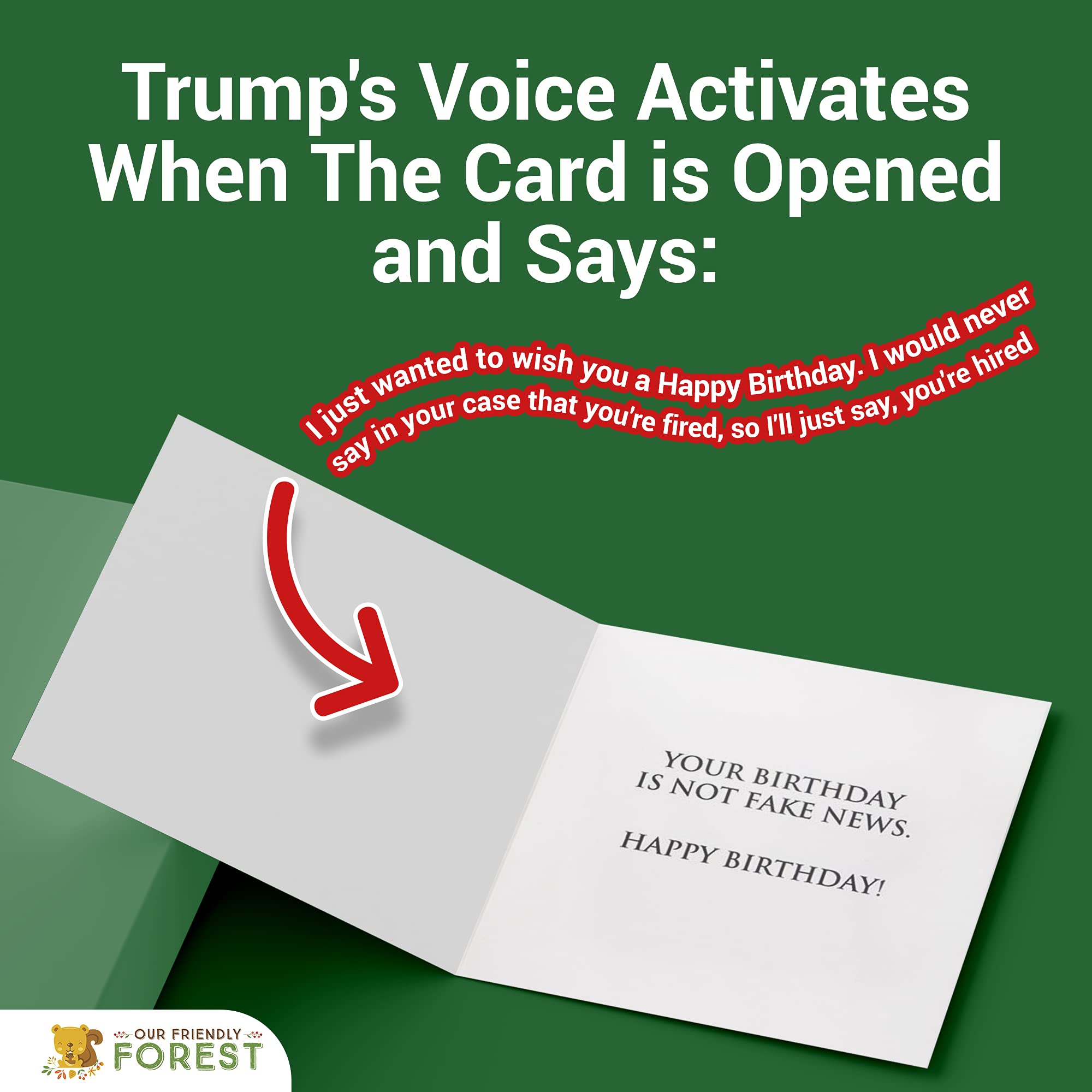 OUR FRIENDLY FOREST 2 Pack of Talking Trump Birthday Card & Donald Pop Up Anniversary Card with LIGHT & SOUND