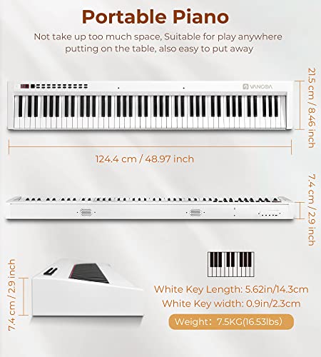 Piano Keyboard 88 Keys, Electric Keyboard Piano for Beginner with APP Learning, Touch Sensitive Keys,Sustain Pedal, Power Supply and Storage Bag, White, by Vangoa