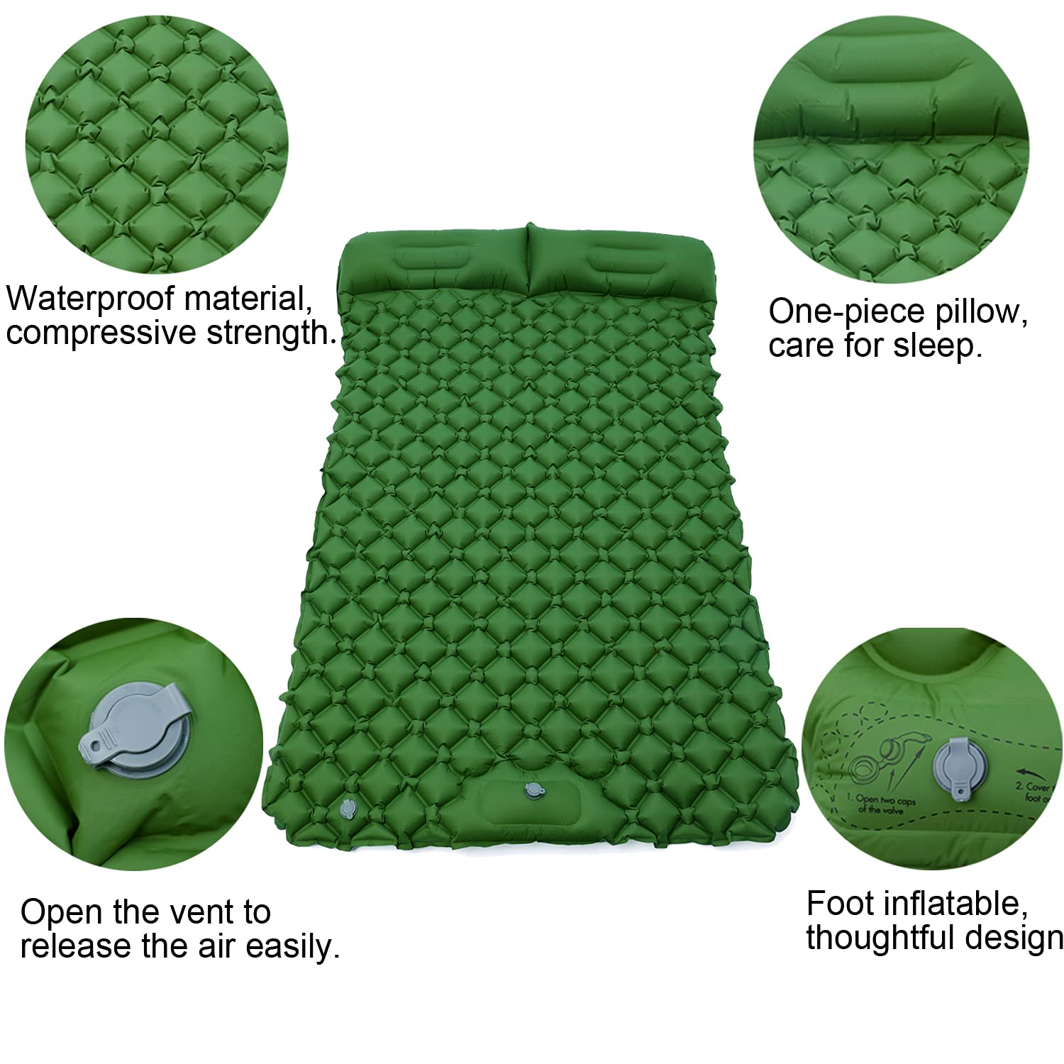 Onirii Double Sleeping Pad,Foot Press Inflatable Camping Mat with Pillow,Compact Ultralight Waterproof Camping Air Mattress 2 Person for Tents,Backpacking Beach,Car Camping,Hiking,Traveling