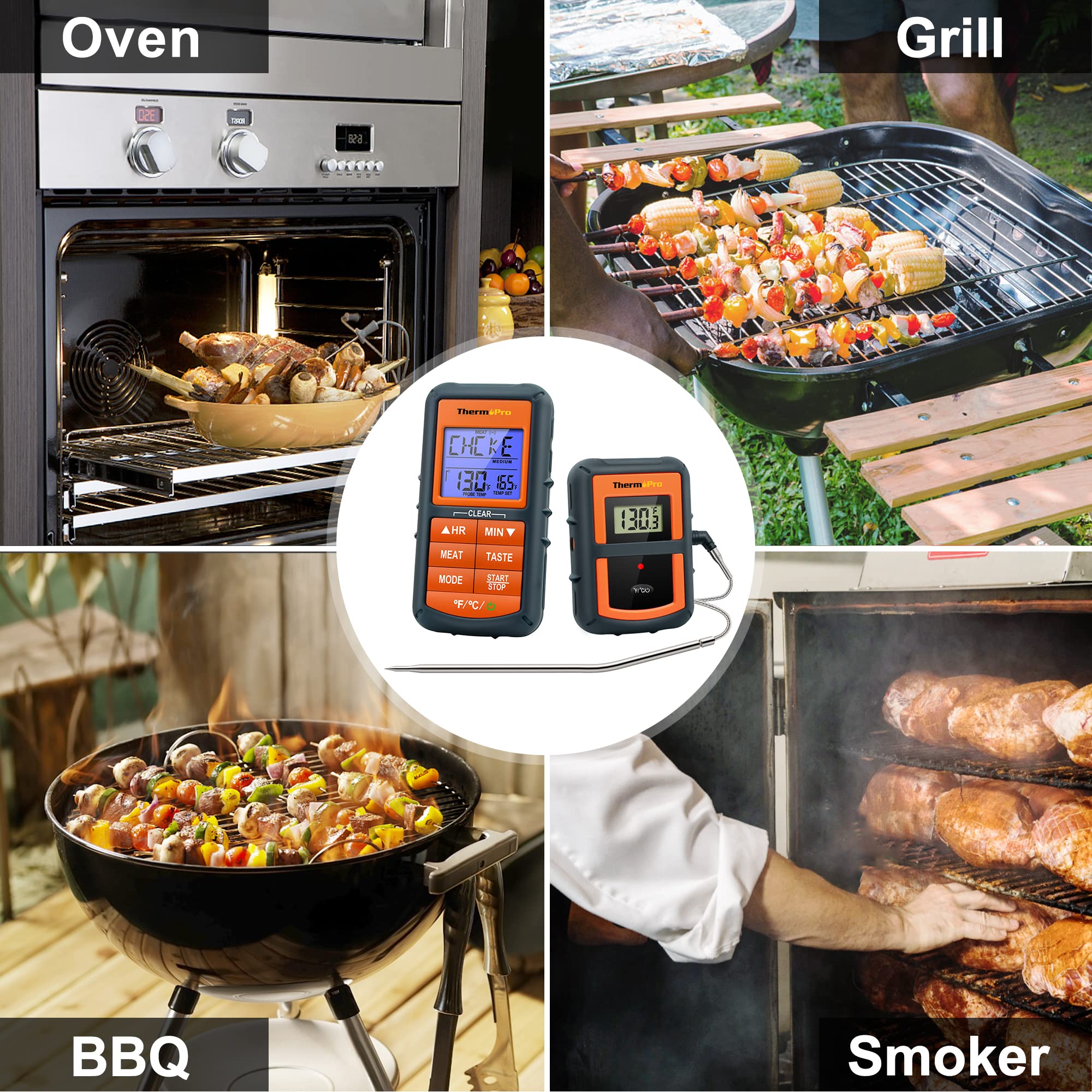 ThermoPro TP07 Wireless Meat Thermometer for Cooking, Digital Grill Thermometer with Temperature Probe, Smart LCD Screen BBQ Thermometer for Grilling, Oven Safe Food Smoker Thermometer for Kitchen