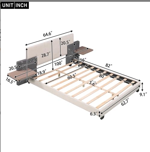 MegaChunk Queen Size Upholstered Platform Bed with Bedside Shelves and USB Charging Design, Beige+Gray
