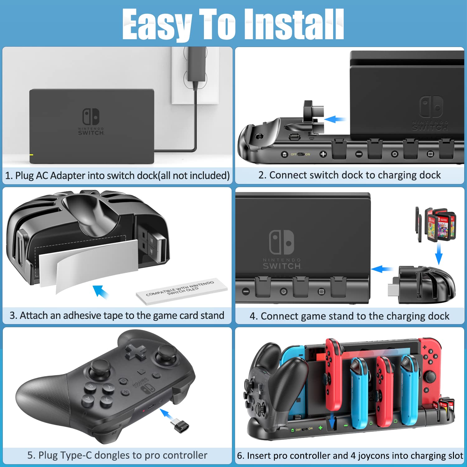 Switch Controller Charger for 6 Joy-Cons and Pro Controller, Switch Charger Dock with 2 Extended USB Ports, Switch Charging Stand Station with Detachable 8 Game Slots for Nintendo Switch & OLED Model