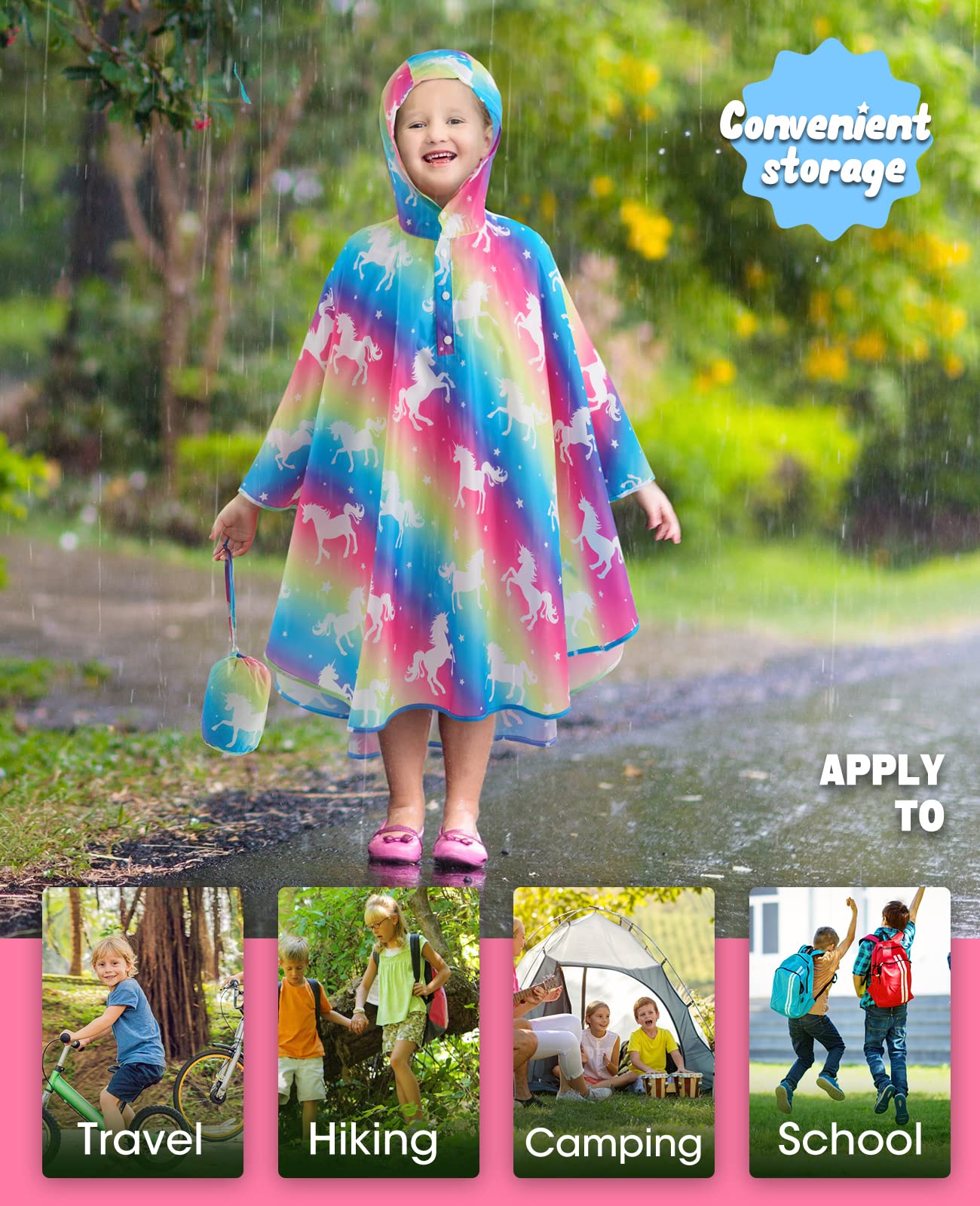 WAWSAM Lightweight Kids Rain Poncho Waterproof Kids Poncho Reusable Hooded Rain Jacket for Boys Girls