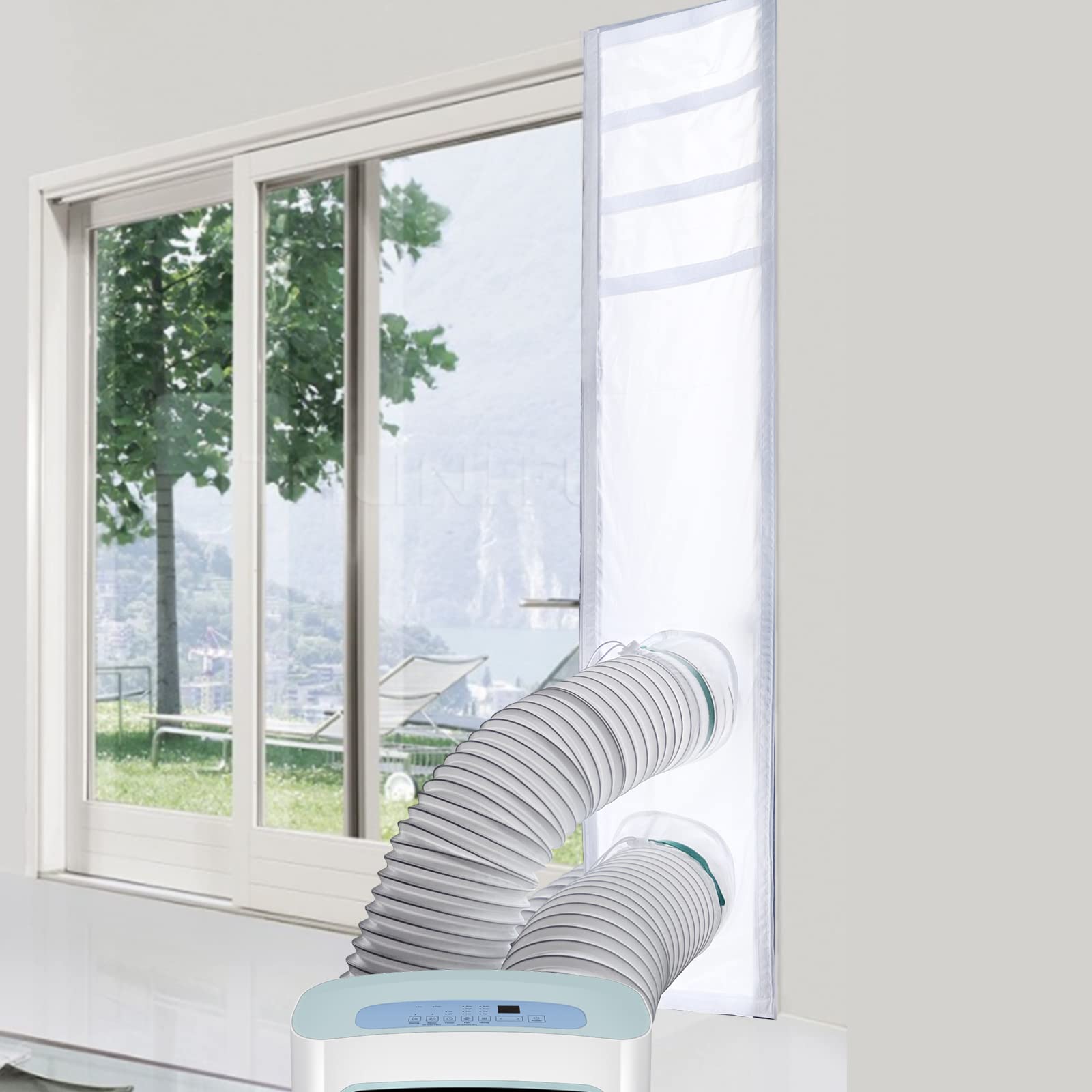 Vansza Portable AC Window Seal Kit, Upgraded 100% Sealed One-Piece Design Window Seal for Portable Air Conditioner with Drawstring and Adhesive Fastener (Dual-Hose Design 25 * 102~162cm)