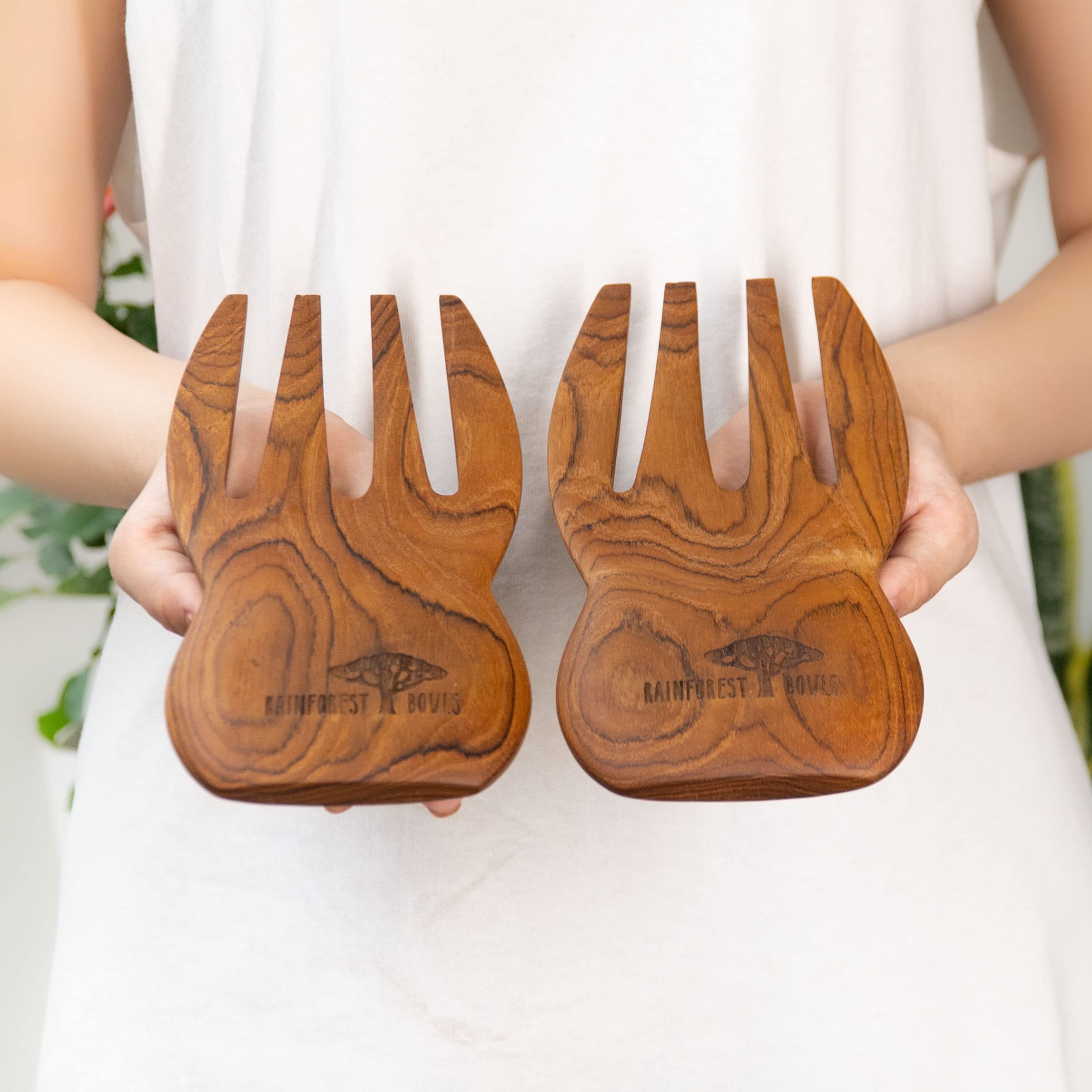 Rainforest Bowls Javanese Teak Wood Salad Serving Hands w/Knob Handles - Perfect for Mixing, Tossing & Serving Salad - Ultra-Durable- Premium Wooden Design Handcrafted by Indonesian Artisans