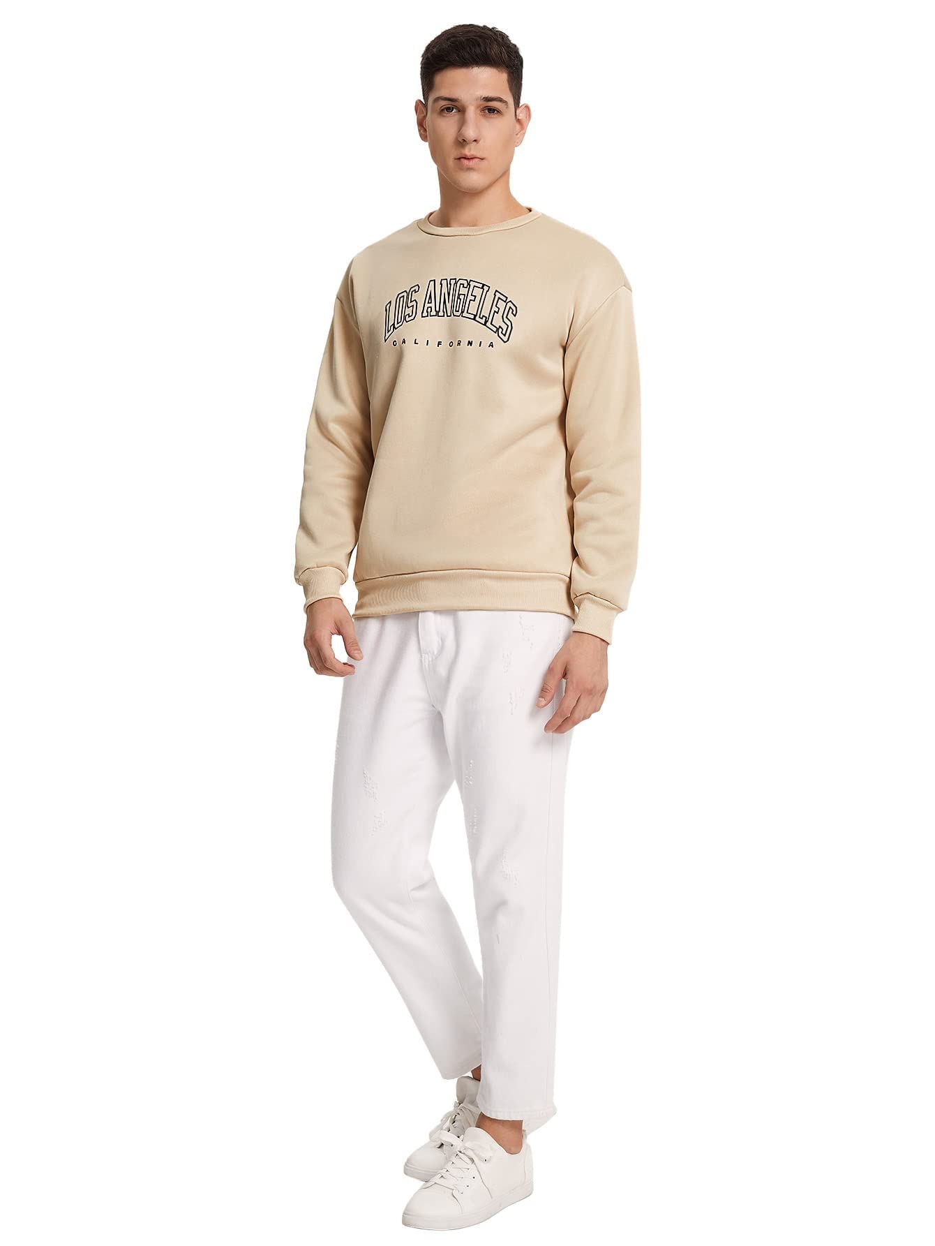 SheIn Men's Casual Letter Print Long Sleeve Crewneck Drop Shoulder Sweatshirt Tops Khaki M
