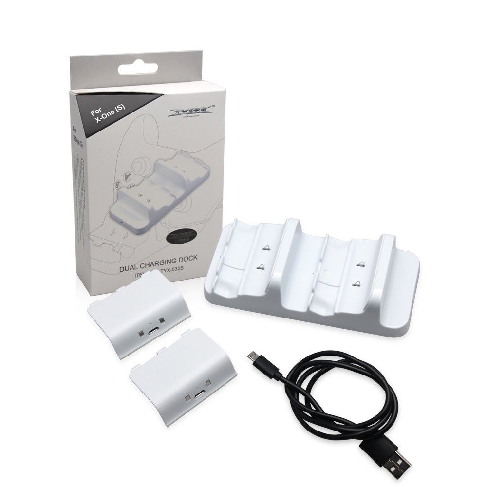 Megadream Xbox One Dual Charging Charger Docking Station Stand, 2 x 300mAh Rechargeable Battery Pack & Charge Cable for Microsoft Xbox One, Xbox One Slim, Xbox One X, Xbox One Elite Controller - White