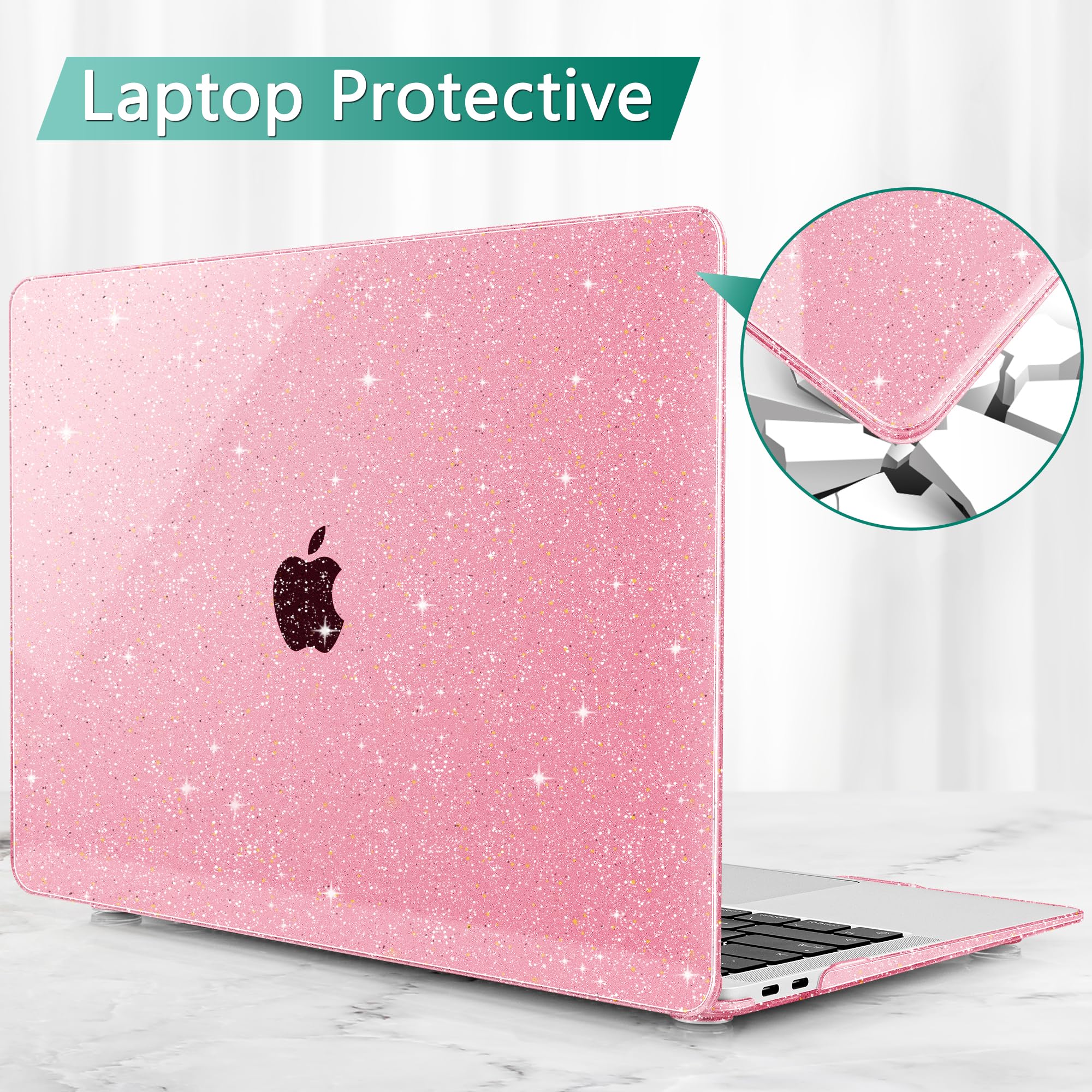 May Chen Compatible with MacBook Air 13 inch Case 2021 2020 2019 2018 Release Models: M1 A2337 A2179 A1932, Plastic Hard Shell Case for Mac Air 13 inch with Retina Fits Touch ID, Pink Glitter