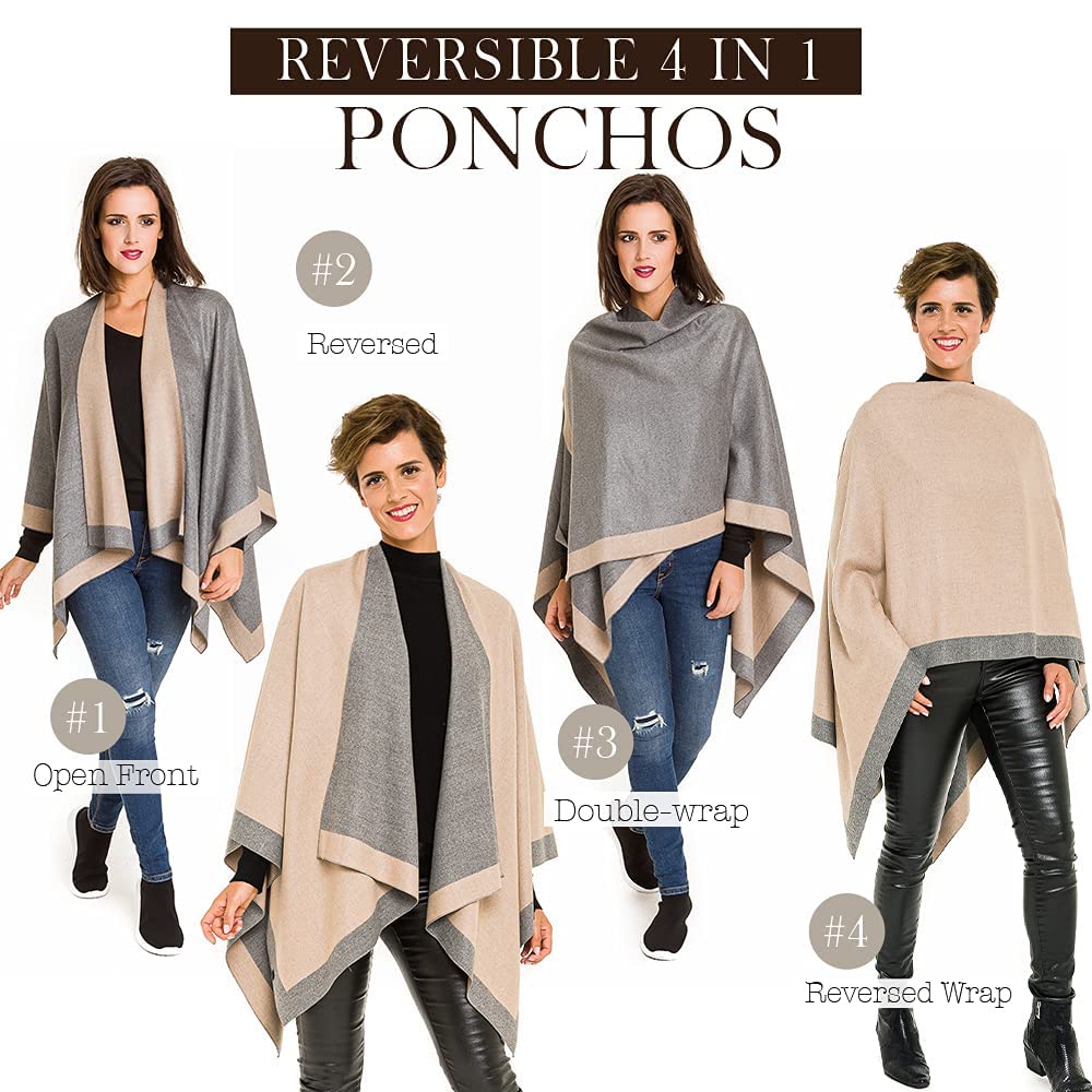 MELIFLUOS DESIGNED IN SPAIN Women's Shawl Wrap Poncho for Cape Ruana for Travel Plane Blanket, Reversible Open Front Design (PC01-4L)