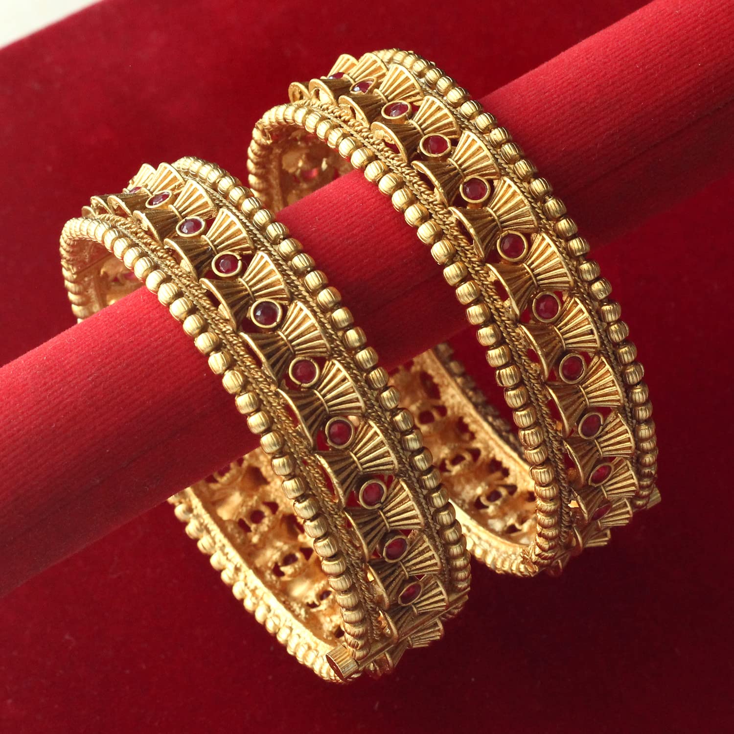 SANARA Indian Traditional 2 Pcs Polki Ruby Bangle Bracelets Set Wedding & Partywear Designer Matching Costume Jewelry (Red, 2.6)