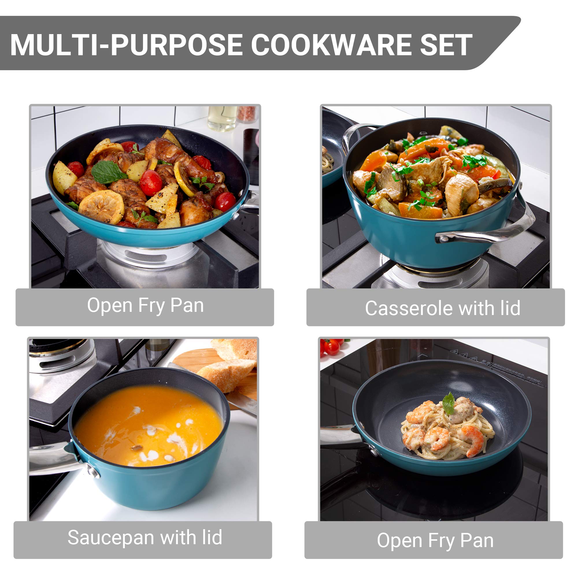 Nonstick Pot and Pan Cooking Set, REDMOND Kitchen Ceramic Cookware Set for Stovetops, Induction Cooktops, Dishwasher/Oven Safe, 8 Pieces, Blue