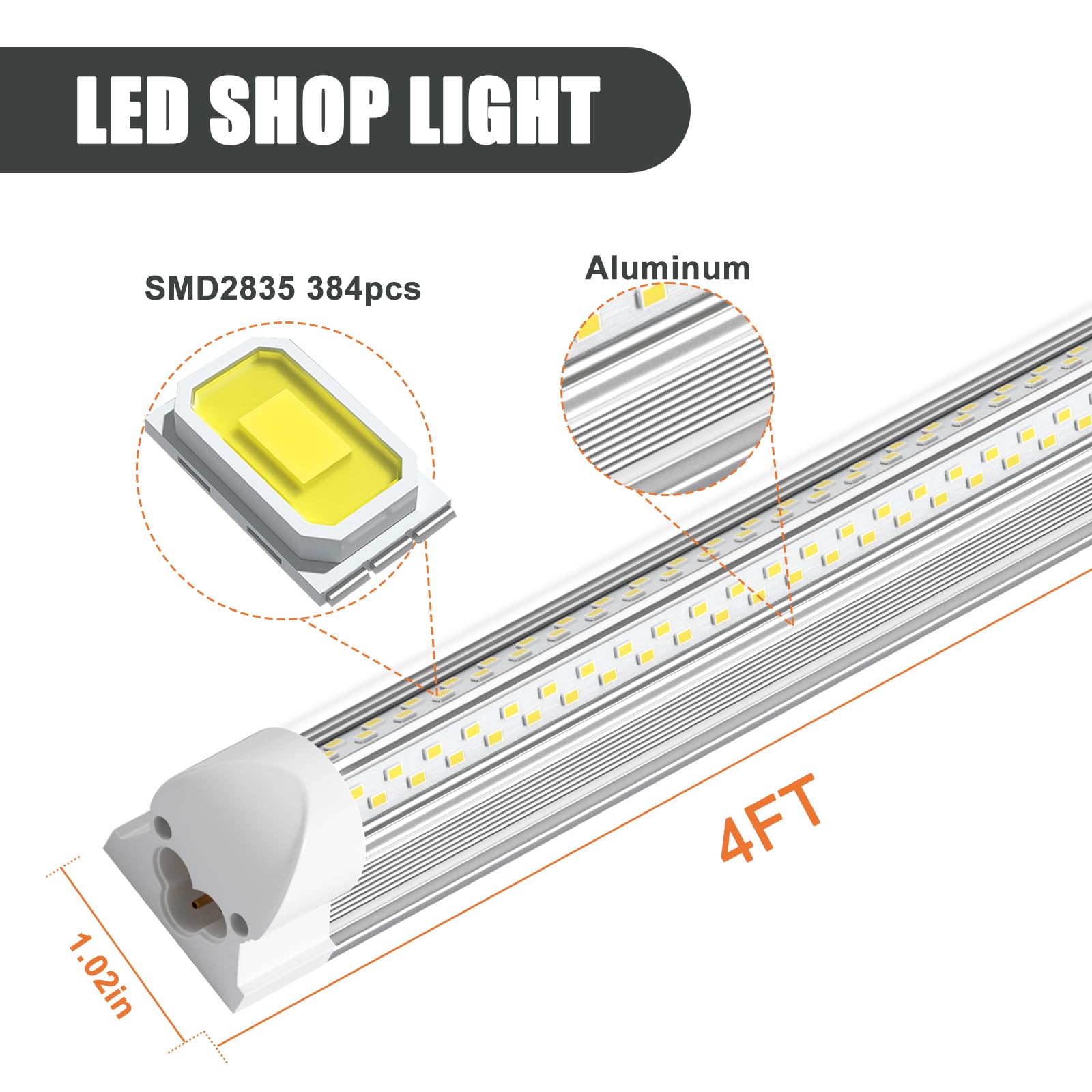 ONLYLUX 4ft led Shop Light - 45W 6750lm 5000K 4 Foot V Shape Integrated T8 led Lights,Linkable Shop Lights 48" T8 Garage Lights 8 Pack