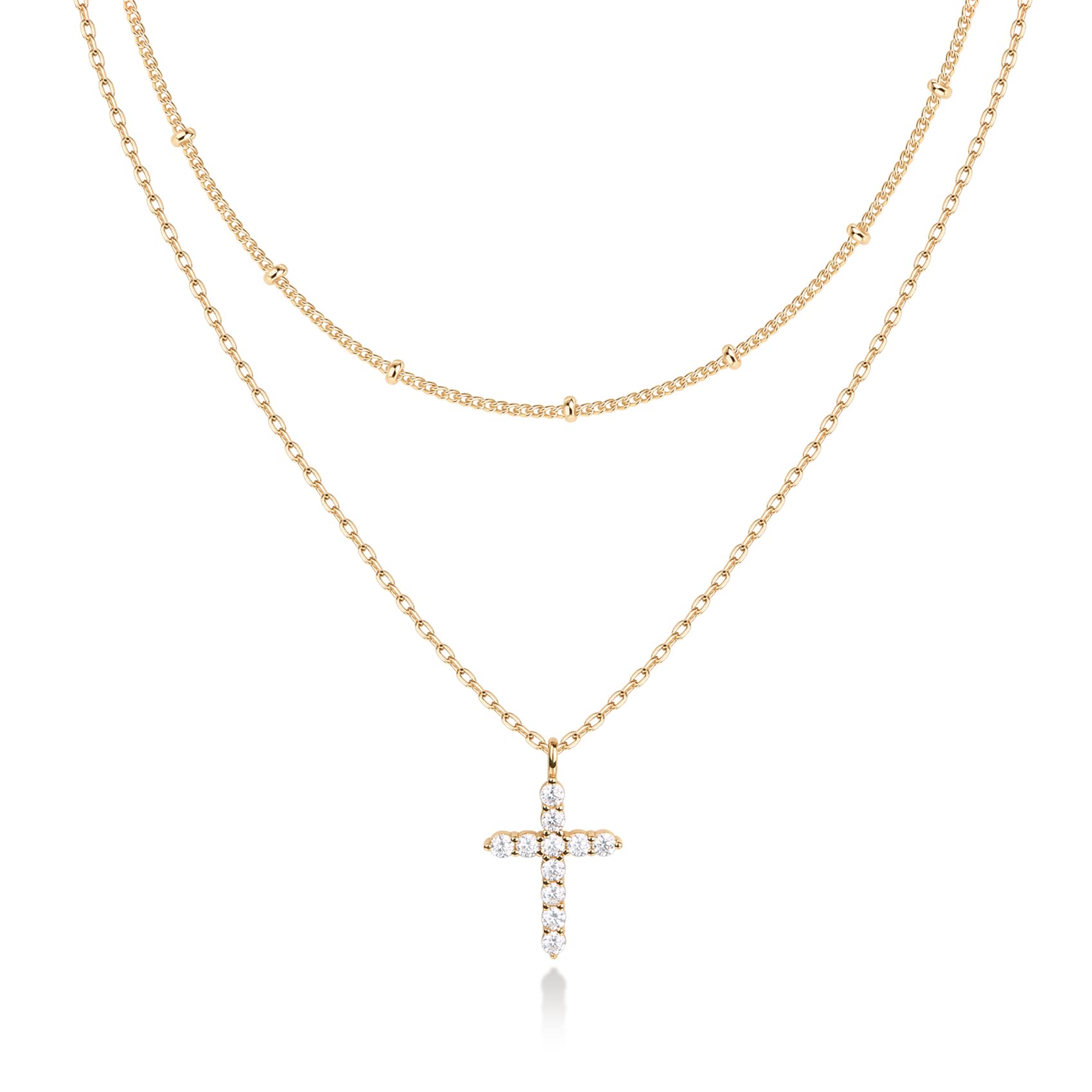 PAVOI 14K Gold Plated Layered Cross Pendant Necklace | Layering Necklaces for Women | Dainty Minimalist Design Pendant (Cross, Yellow Plated)