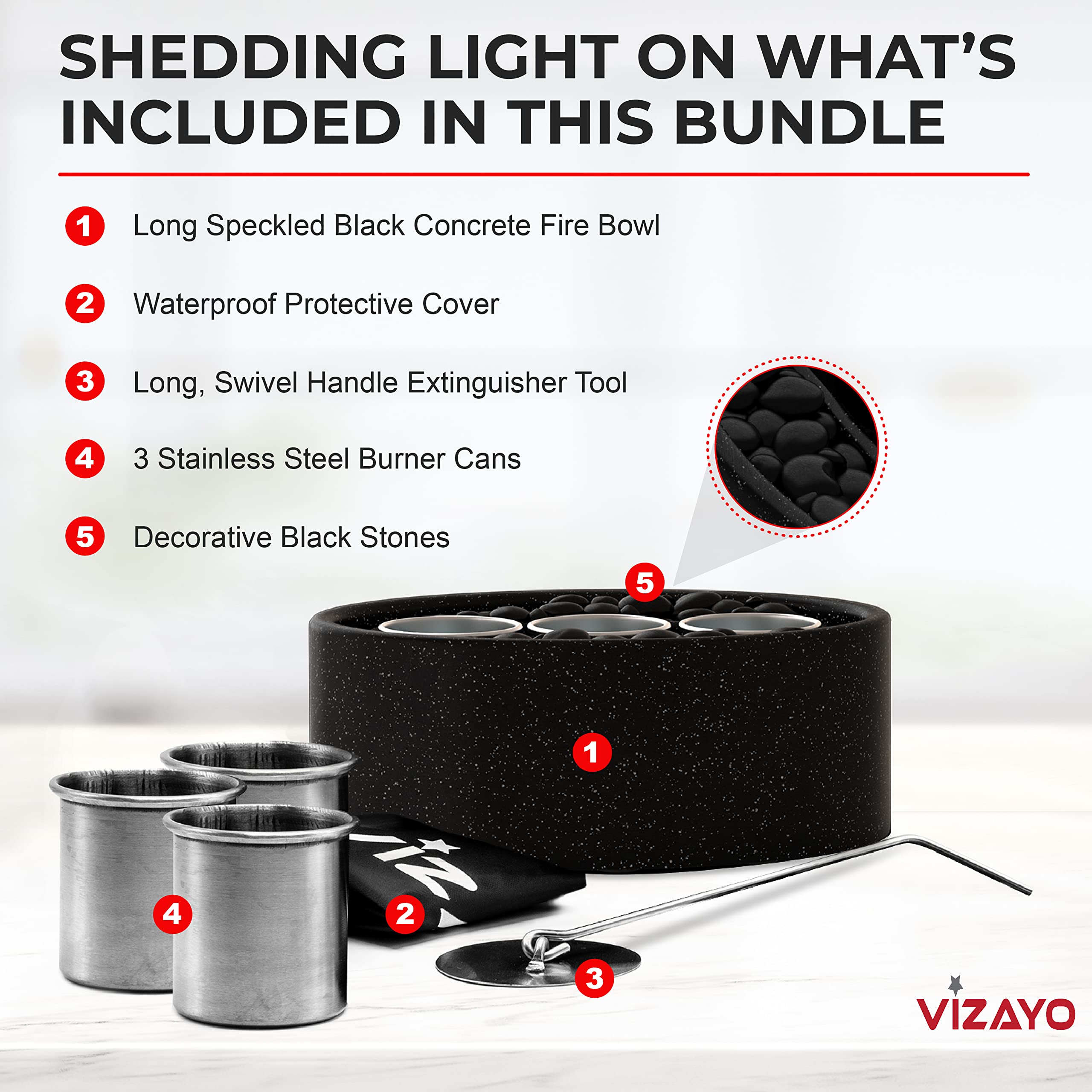 Vizayo Tabletop Fire Pit for Patio - 14.2 x 10.2 inch Indoor Outdoor Table Top Firepit Bowl - Use Gel Fuel Cans, Bioethanol or Isopropyl Alcohol - Tabletop Fireplace for Balcony, Patio Decor - Black