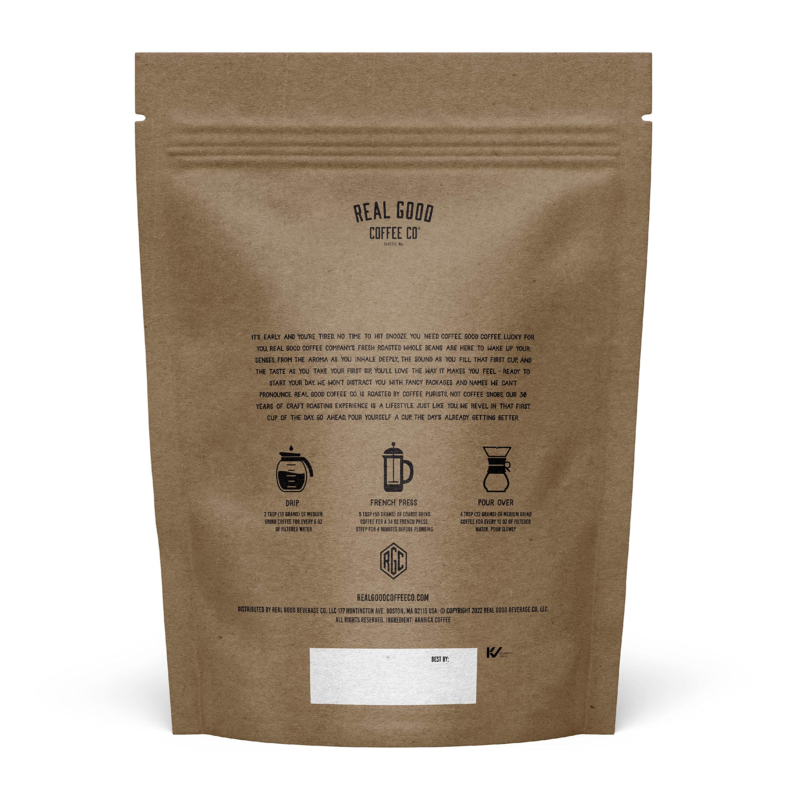Real Good Coffee Company - Whole Bean Coffee - Half Caff Medium Roast Coffee Beans - 2 Pound Bag - 100% Whole Arabica Beans - Grind at Home, Brew How You Like