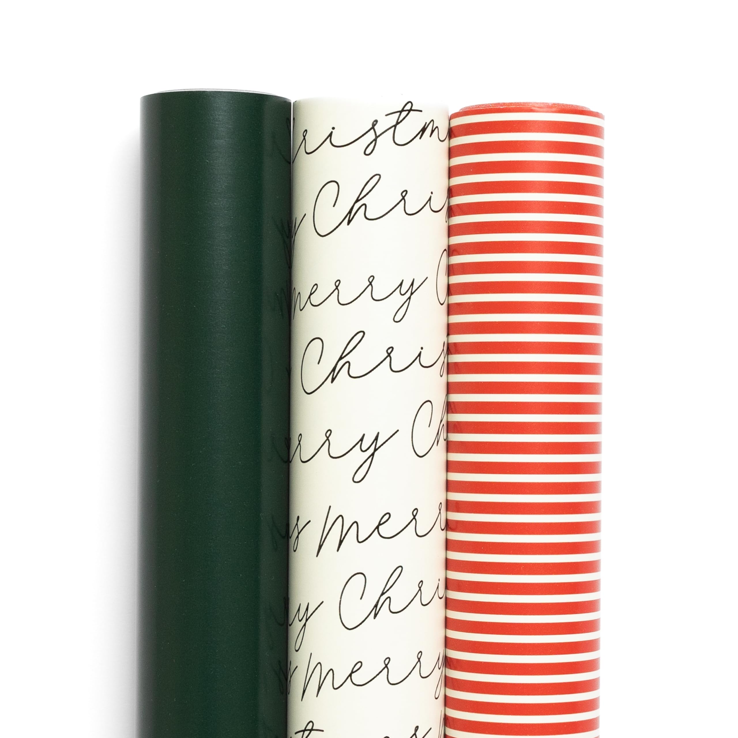 Merry Market 3-pack Premium Satin Christmas Wrapping Paper, Minimal Holiday Gift Wrap, Red Stripe, Solid Green and Merry Christmas - 30β x 168β per roll, 105 square feet total