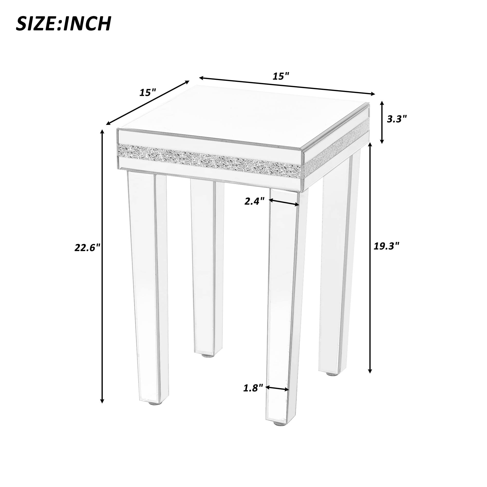 Modern Glass Mirror Side Table with Crystal Design and Adjustable Height Legs Corner Table Sofa Table Nightstand Small Coffee Table Surface Fully Mirrored Suitable for Bedroom Living Room Office