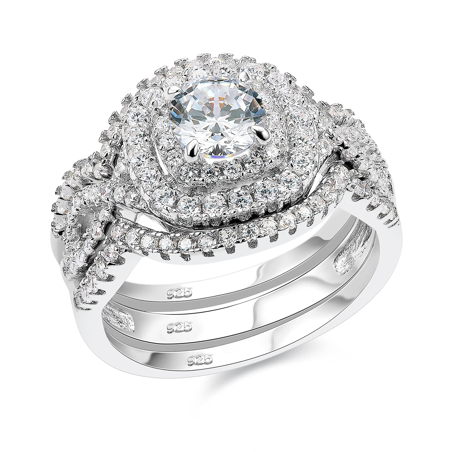 SHELOVES Engagement Wedding Ring Set for Women Double Halo Sterling Silver Round White AAAAA Cz Sz 9