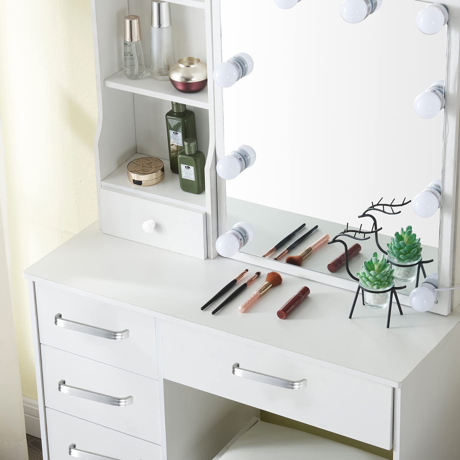 Modern Makeup Vanity with Hollywood Lighted Mirror, 3 Lighting Modes Dressing Table with 6 Drawers and Shelves, Vanity Set with Stool for Bedroom