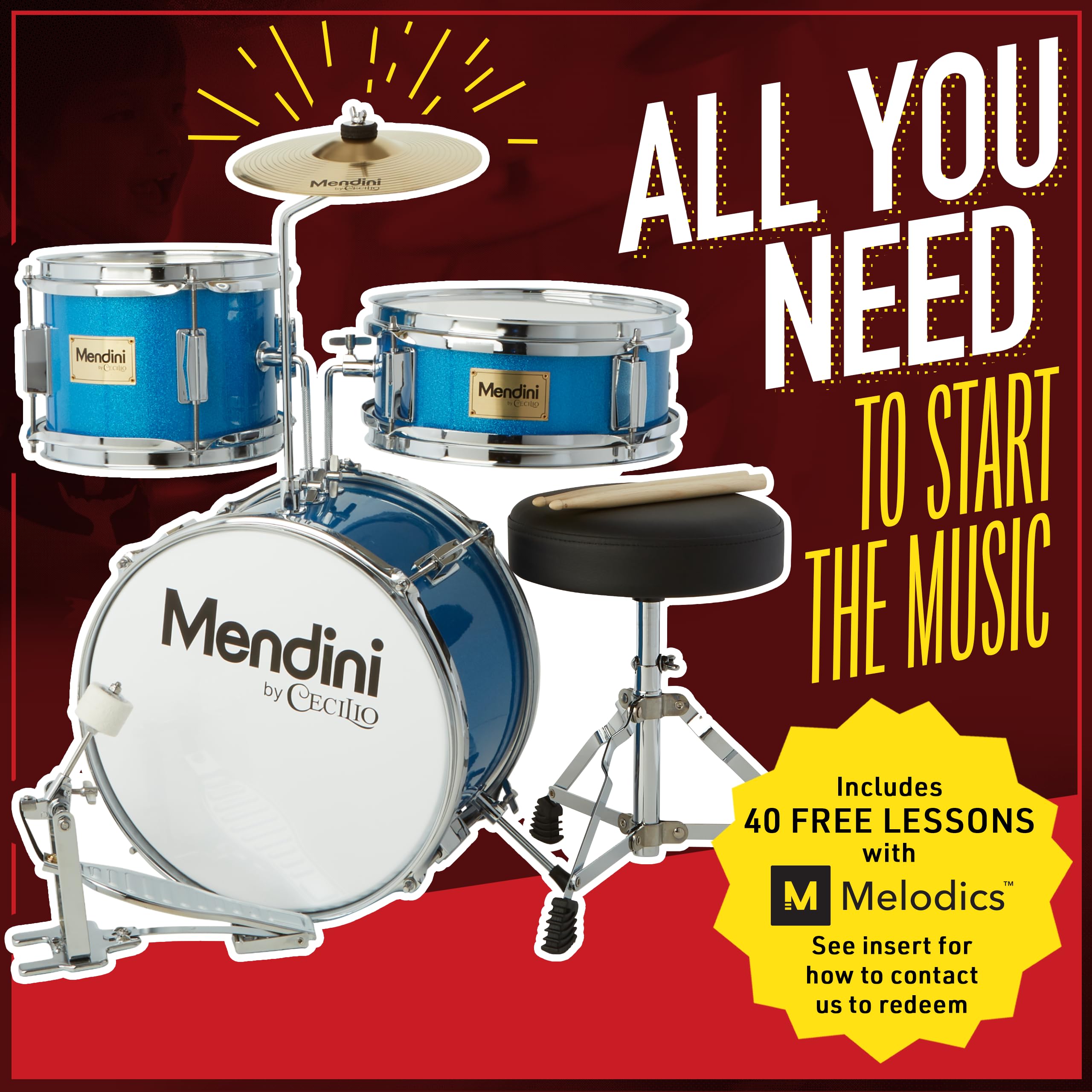 Mendini by Cecilio 13 inch 3-Piece Kids/Junior Drum Set with Throne, Cymbal, Pedal & Drumsticks, Metallic Black, MJDS-1-BK