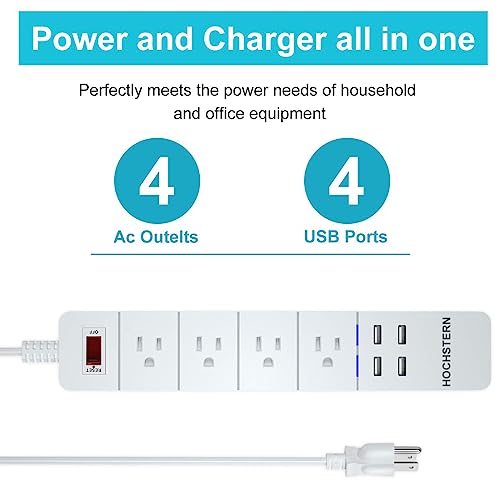 USB Power Strip, 4 USB Ports & 4 Outlets, Fast Charging, White 5.5 ft Cord, 1875W/15A Protector for Desktop, Home, Office & Nightstand Charging Station - Duvik