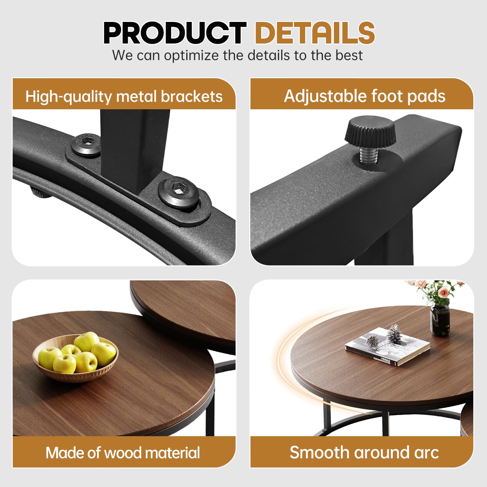 Modern Nesting Coffee Table Set of 2 for Living Room Balcony Office, Modern Decorative Round Wooden Coffee Center Table with Sturdy Metal Frame