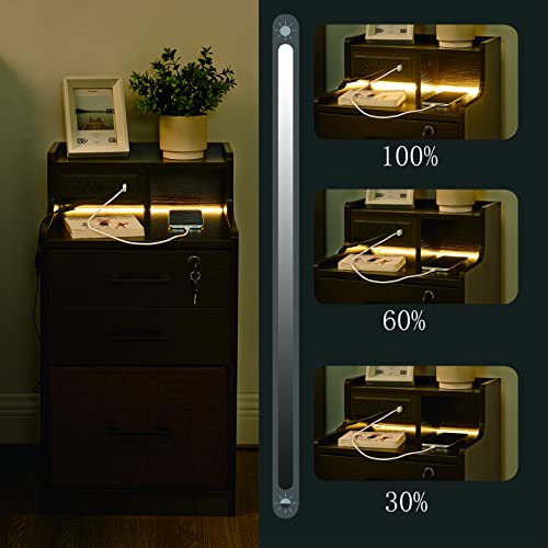 Lovitgo 2 Drawer LED Nightstand, Night Stand with Fast Charging, 3 USB Ports and 2 Power Outlets, Bedside Table with Open Shelf, 29 inch Nightstand with Lock for Bedroom, Espresso Color