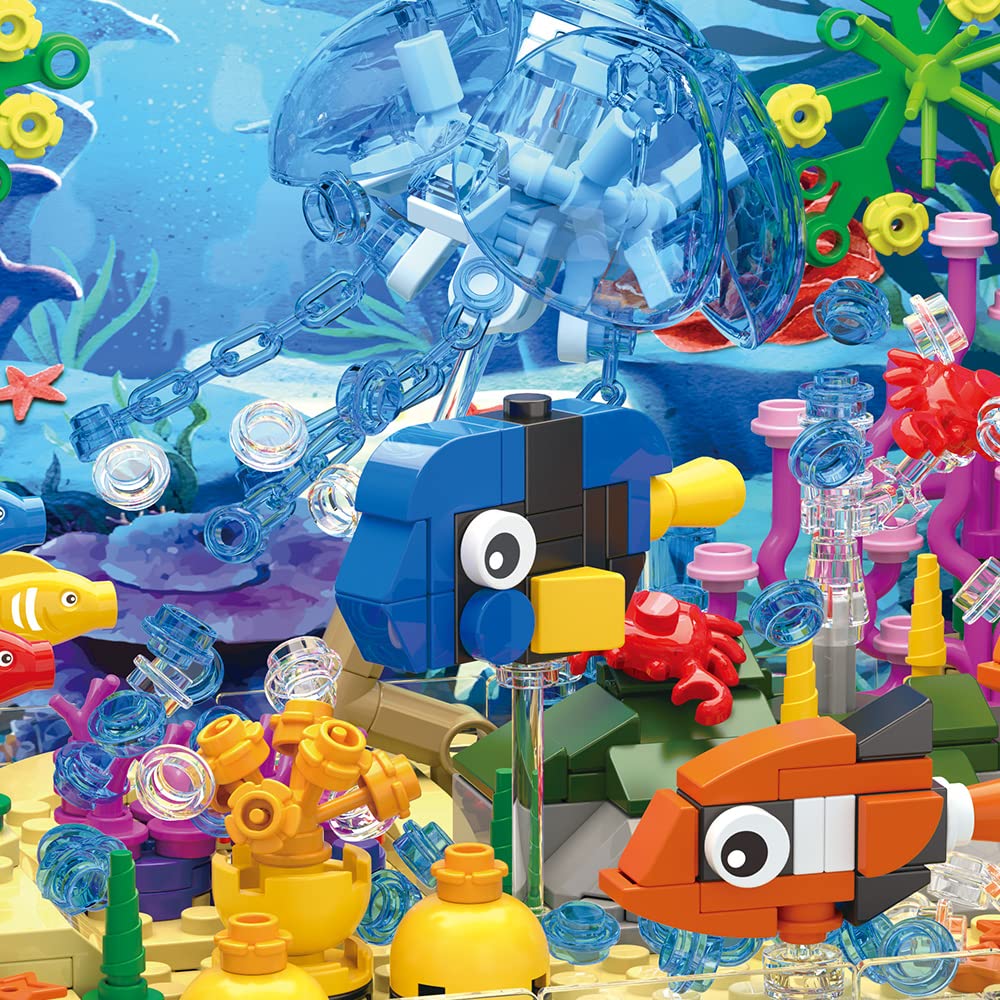 Mesiondy Fish Tank Building Block Set with Light,Aquarium,Marine Jellyfish, Building Block Toy for Kids 6, Home Decor