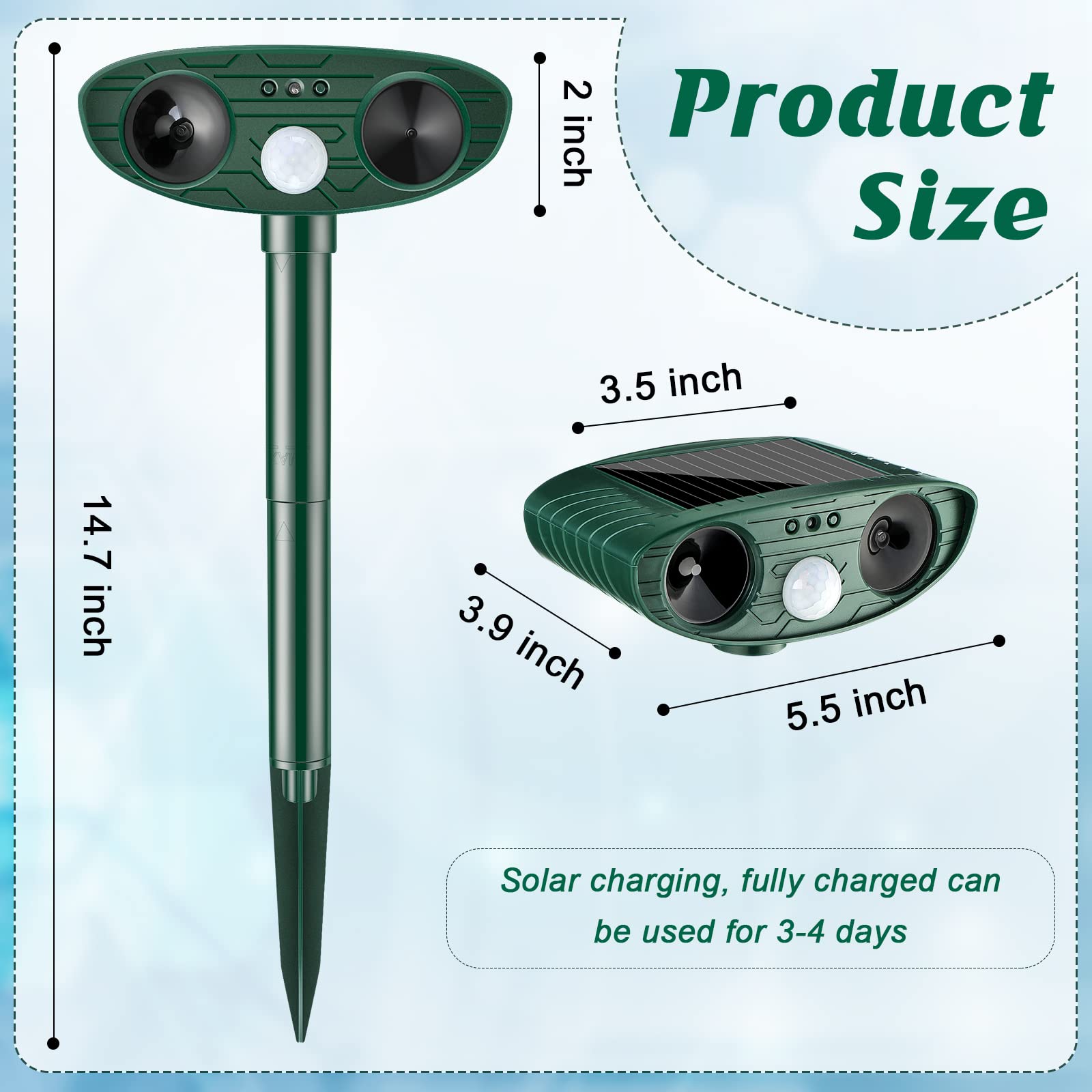 Ultrasonic Animal Repellent Solar Powered Pest Repeller Motion Activated Cat Dog Deterrent Waterproof with Motion Sensor for Squirrels Raccoon Rabbit Fox, Garden Yard Farm (Green, 2 Pieces)