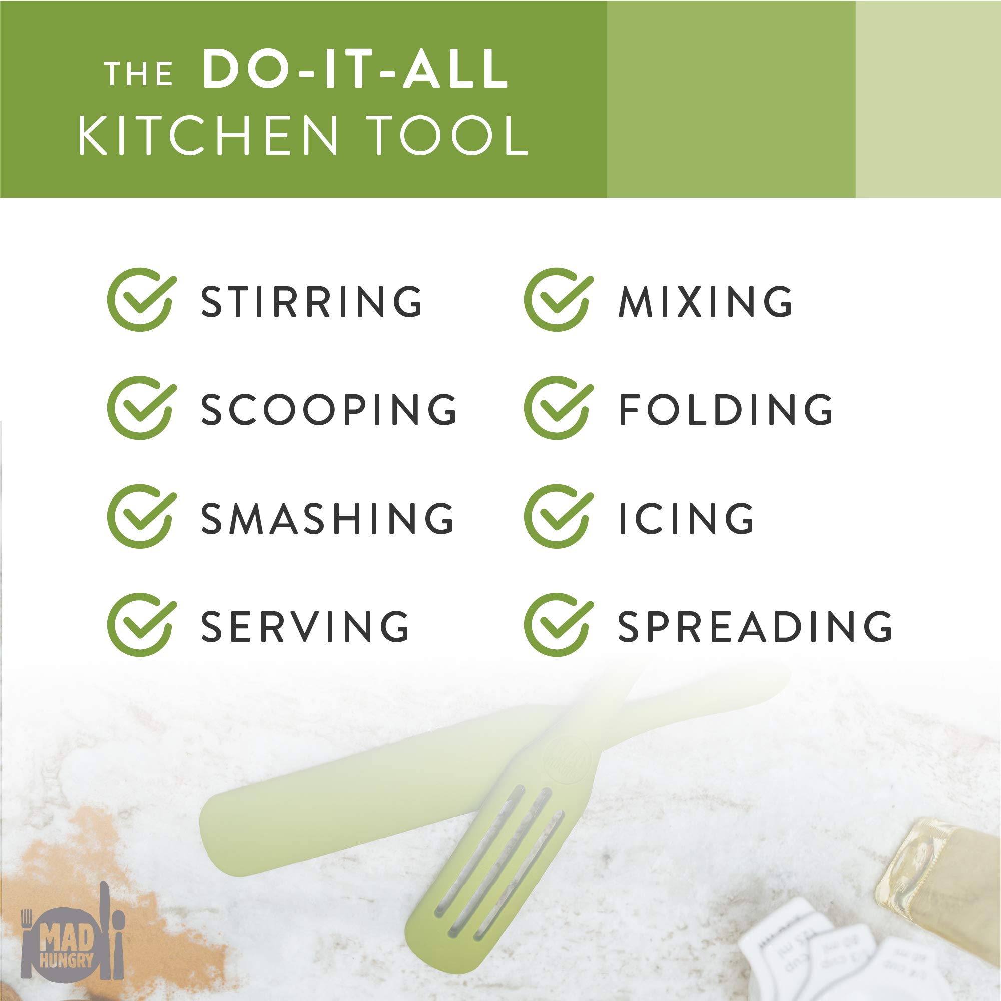 Mad Hungry Spurtle Silicone Set 2-Piece - Kitchen Spatula Spoon Tools for Cooking, Narrow Jar Scraper, Mixing Spoons, Icing Cake & Frosting Knife Spreader, Slim & Slotted Thin Paddle Spurtles Utensil