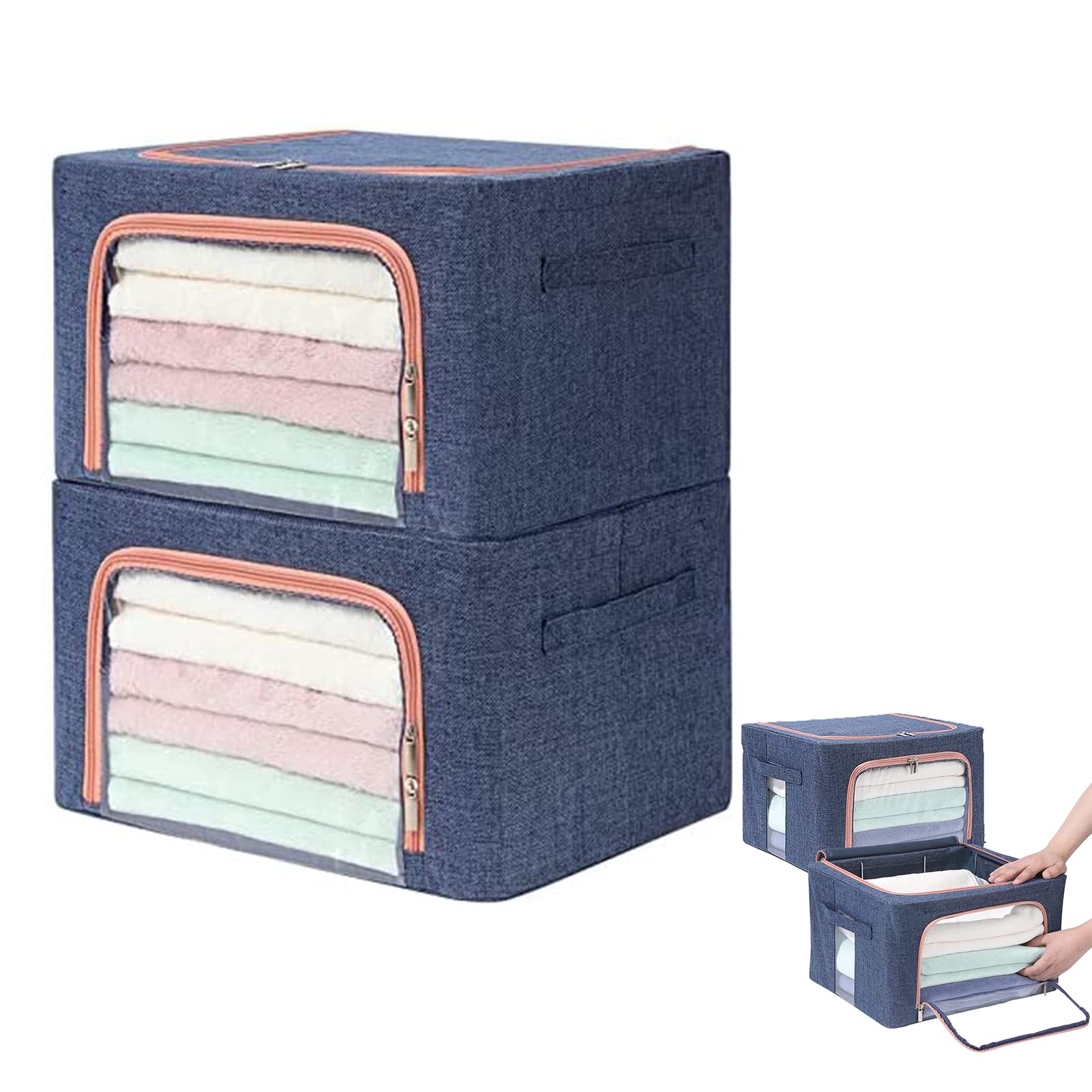 OJIMO 2 Pcs Foldable Clothes Storage Bins,Stackable Metal Frame Storage Box w/Reinforced Handle, Stackable Thick Linen Fabric Closet Organizer Set w/Clear Windows, Sturdy Zippers(15.4x11.4x7.9in)