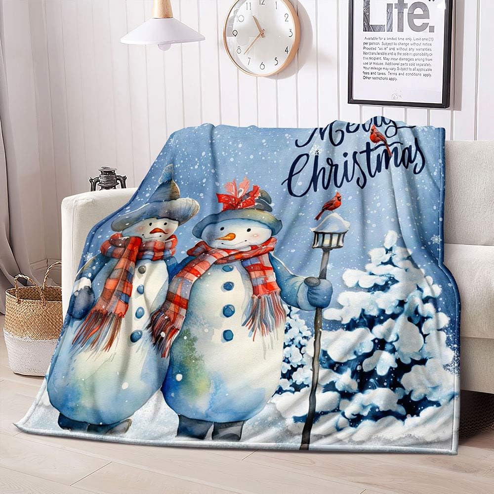 LUVIVIHOME Cute Snowman Throw Blanket, Blue Blanket, Kids Blanket, Red Cardinal Birds Winter Holiday Christmas Blanket, Cozy Warm Lightweight Soft Fuzzy Flannel Fleece Blanket for Couch, Sofa, 30"x40"