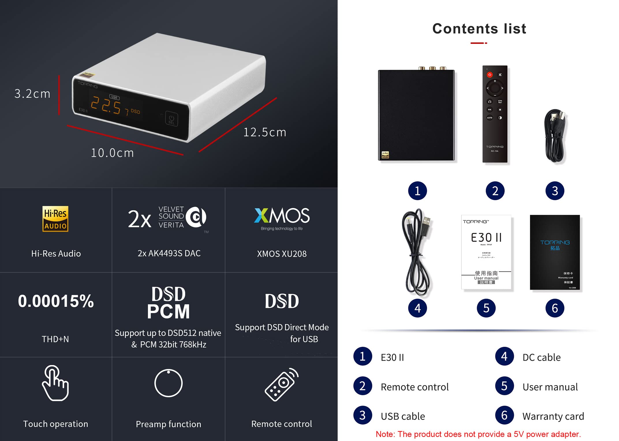 Topping E30II DAC Preamp - 2xAK4493S Hi-Res XMOS XU208 DAC 32Bit/768kHz DSD512 DSD Direct Mode for USB/Coax/Opt Inputs RCA HiFi Stereo Digital Audio Decoder(Blue)