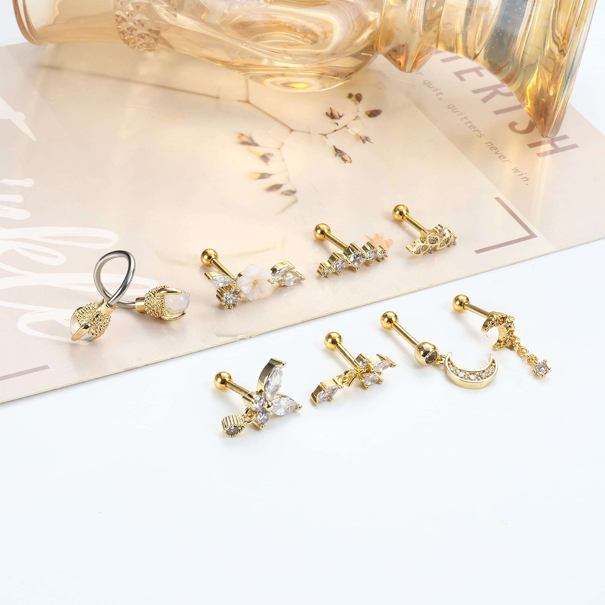 ORAZIO 8PCS Stainless Steel Cartilage Earring Stud Conch Forward Helix Tragus Daith Piercing Jewelry For Women Men Gold Tone