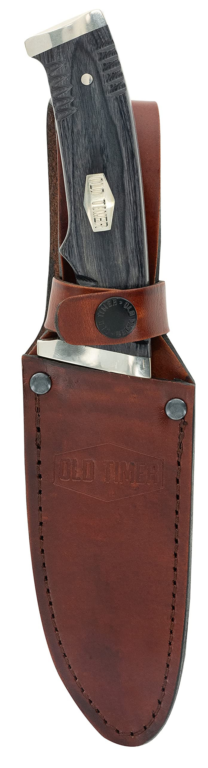 Old Timer Heritage Series 169OT 10.25in Fixed Blade Knife with Stainless Steel Drop Point Blade, Laminate Wood Handle, Full Tang Design, and Leather Sheath for Hunting, Camping, EDC, and Outdoors