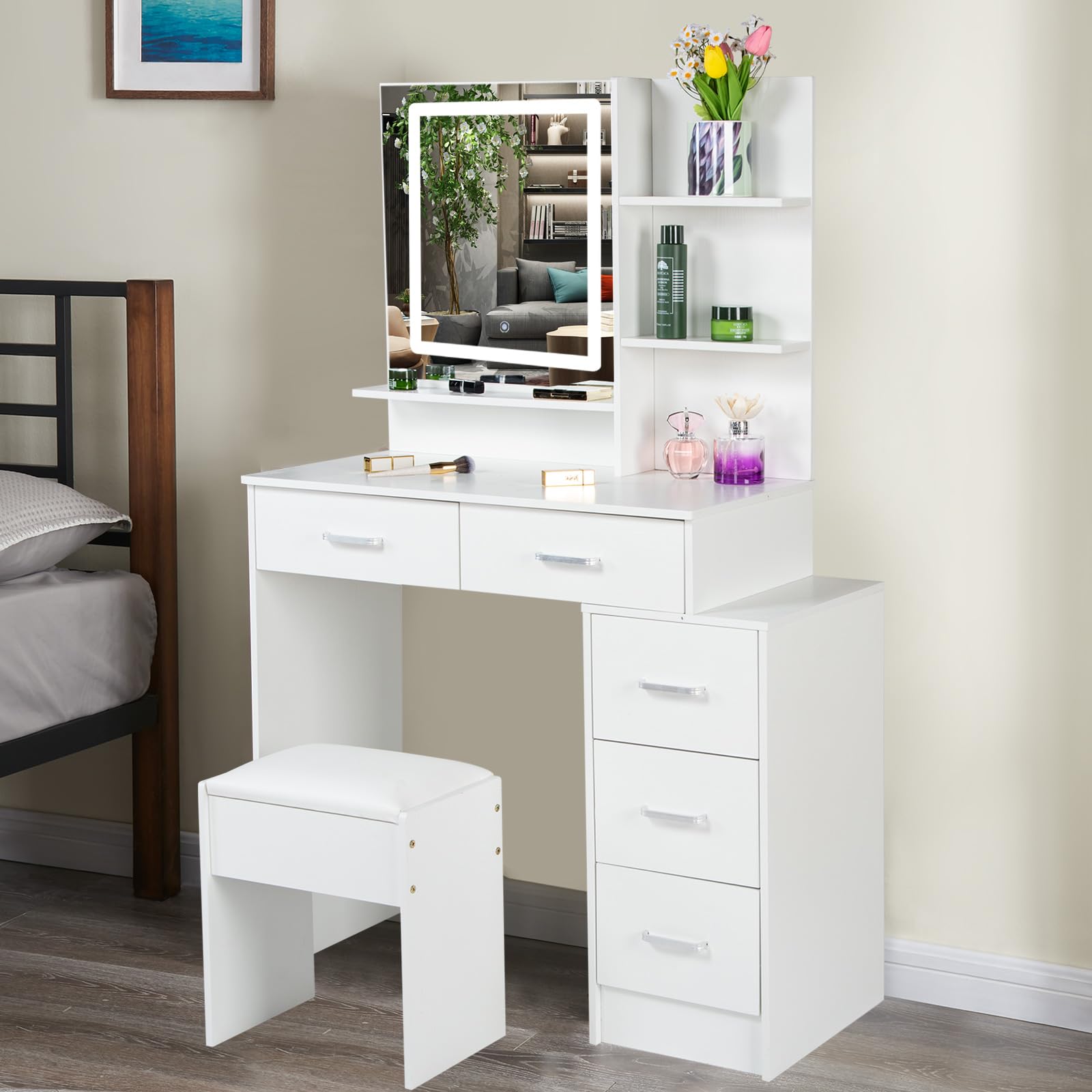 Lucaseone Vanity Table with Lighted Mirror, Makeup Vanity with Lights and Drawers, Vanity Desk Dressing Table with Cushioned Stool for Bedroom (3080 LED White)