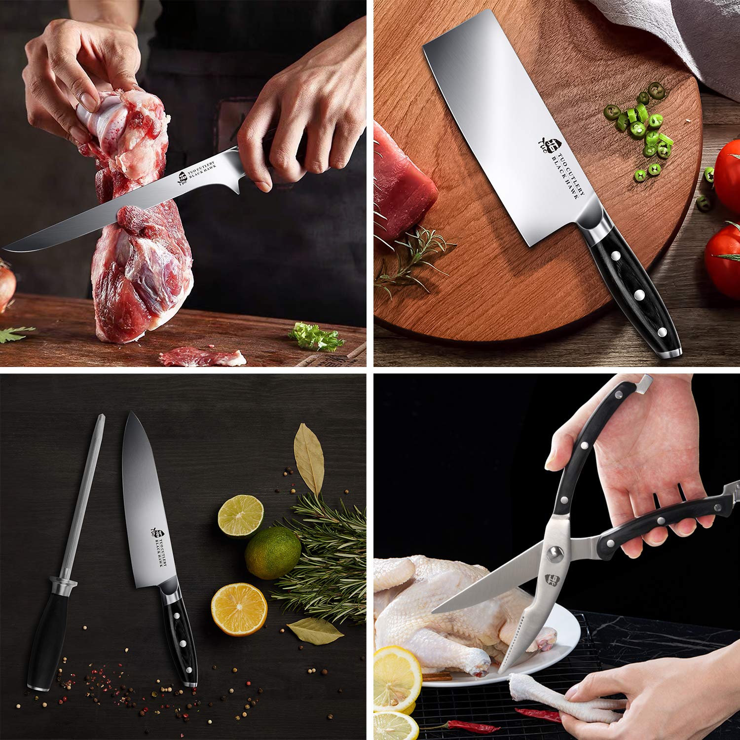 TUO Kitchen Knife Set - 10 Pieces Knife Set with Wooden Block - Premium Forged German Stainless Steel, Ergonomic Pakkawood Handle - Black Hawk Series with Gift Box