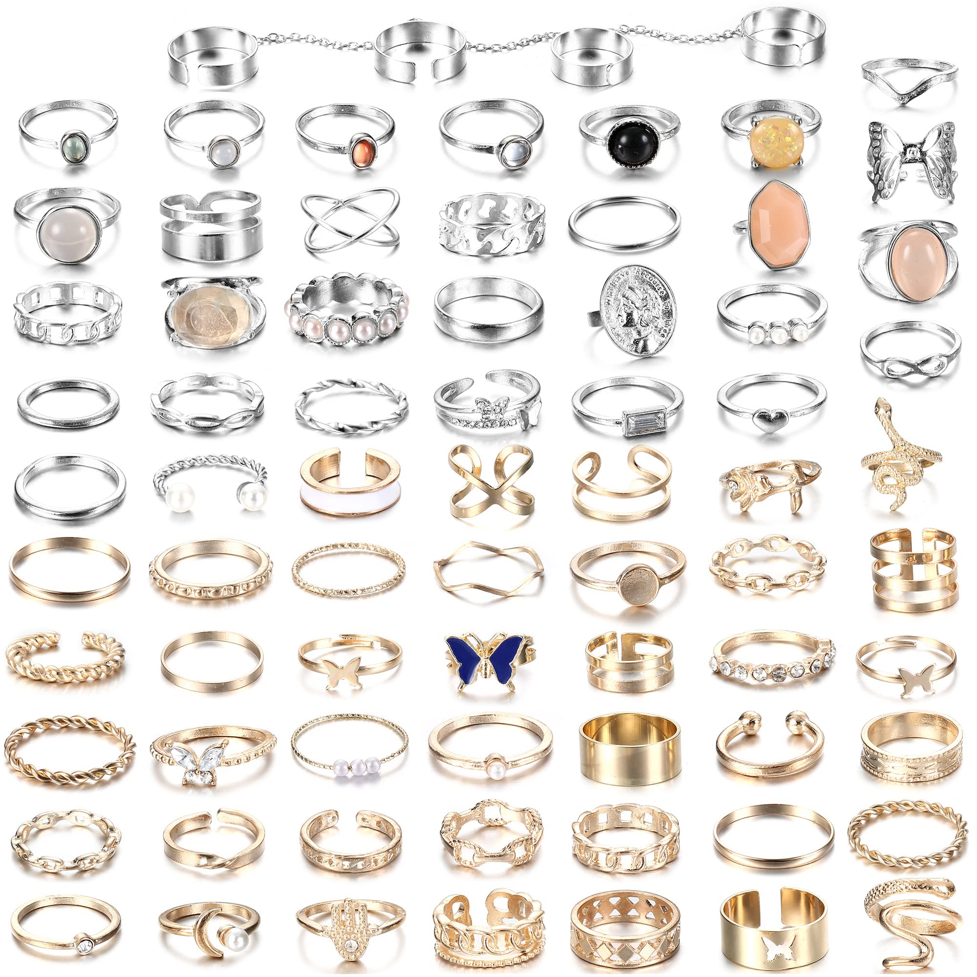 Sanfenly Gold Silver Knuckle Rings for Women Stackable Mid Finger Joint Ring Set Butterfly Snake Crystal Nail Ring Boho Vintage Stacking Ring Pack