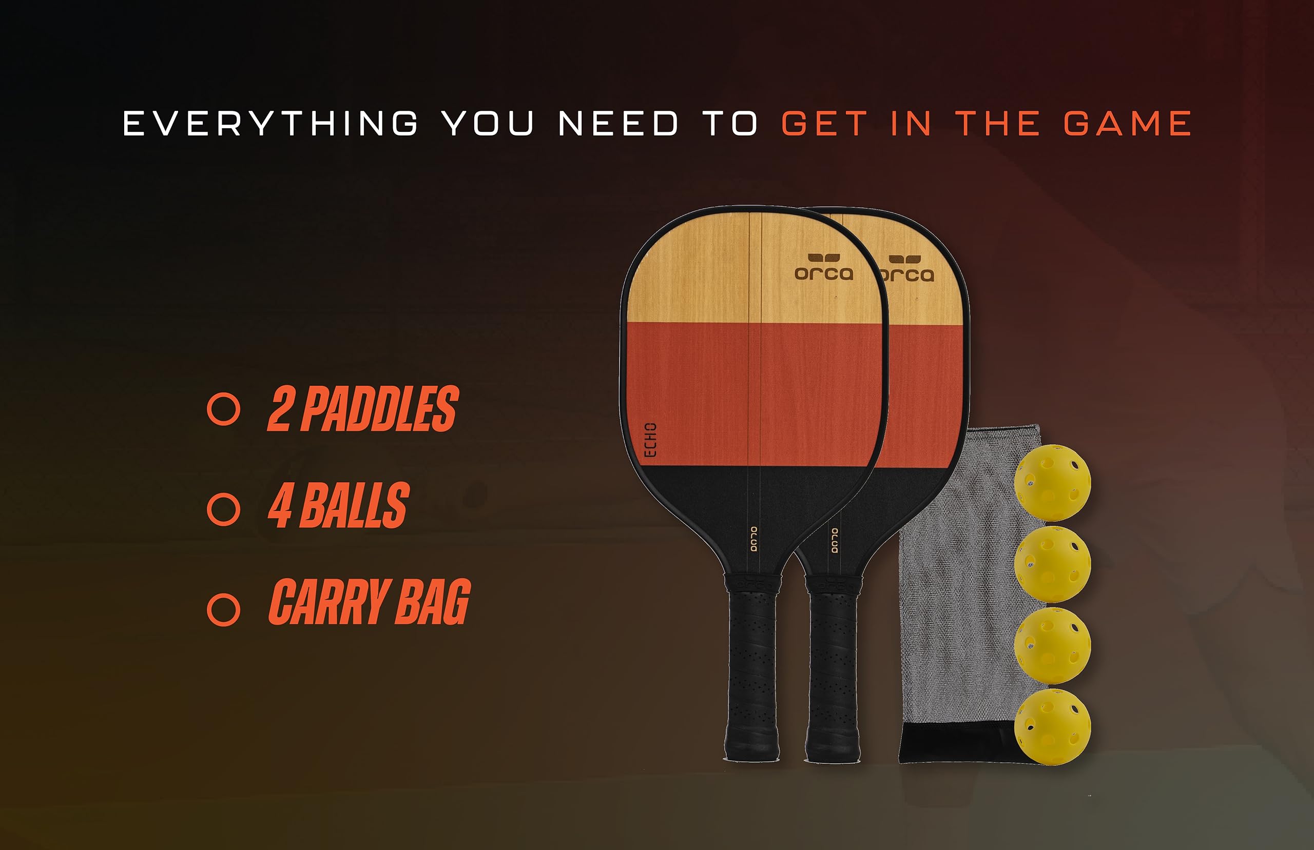 Orca Paddle Co. Echo Pickleball Paddles, Set of 2, with 4 Pickleballs, Mesh Bag - Racket for Beginners, Intermediate, Advanced Players - Pickle-Ball Accessories and Equipment